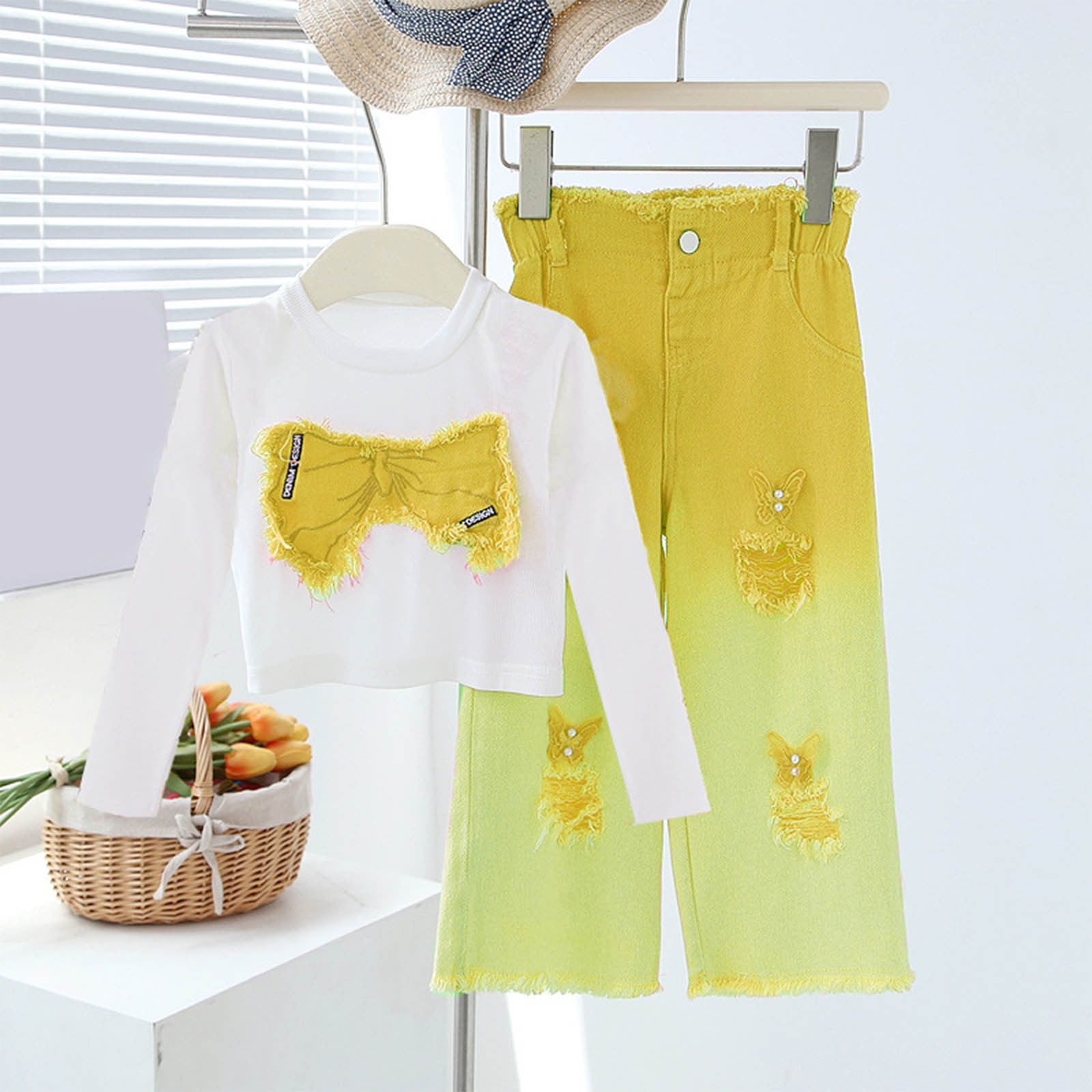 DAETIROS Girls Two Piece Set, Ombre Fade Wide Leg Jeans & Bow Crop Top ...