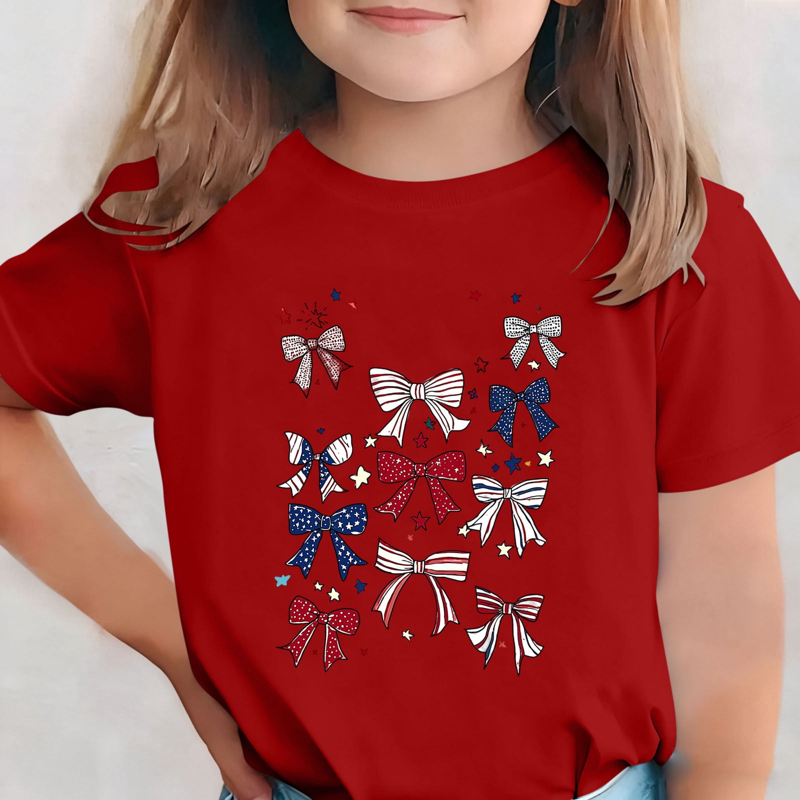 DAETIROS Red Girls 4th of July Bow Graphic T-Shirt Soft Cotton ...