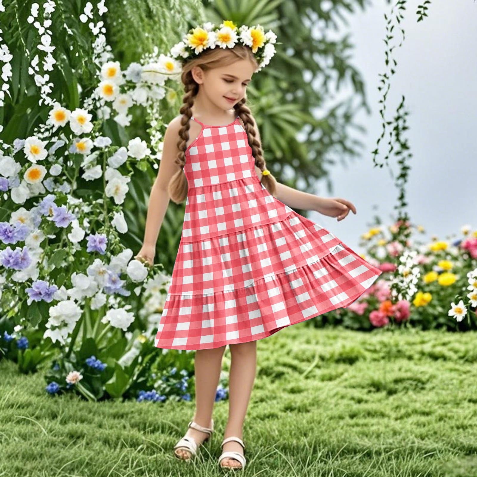 DAETIROS Red Plaid Girls Dress - Cotton Tiered Sundress with Spaghetti ...