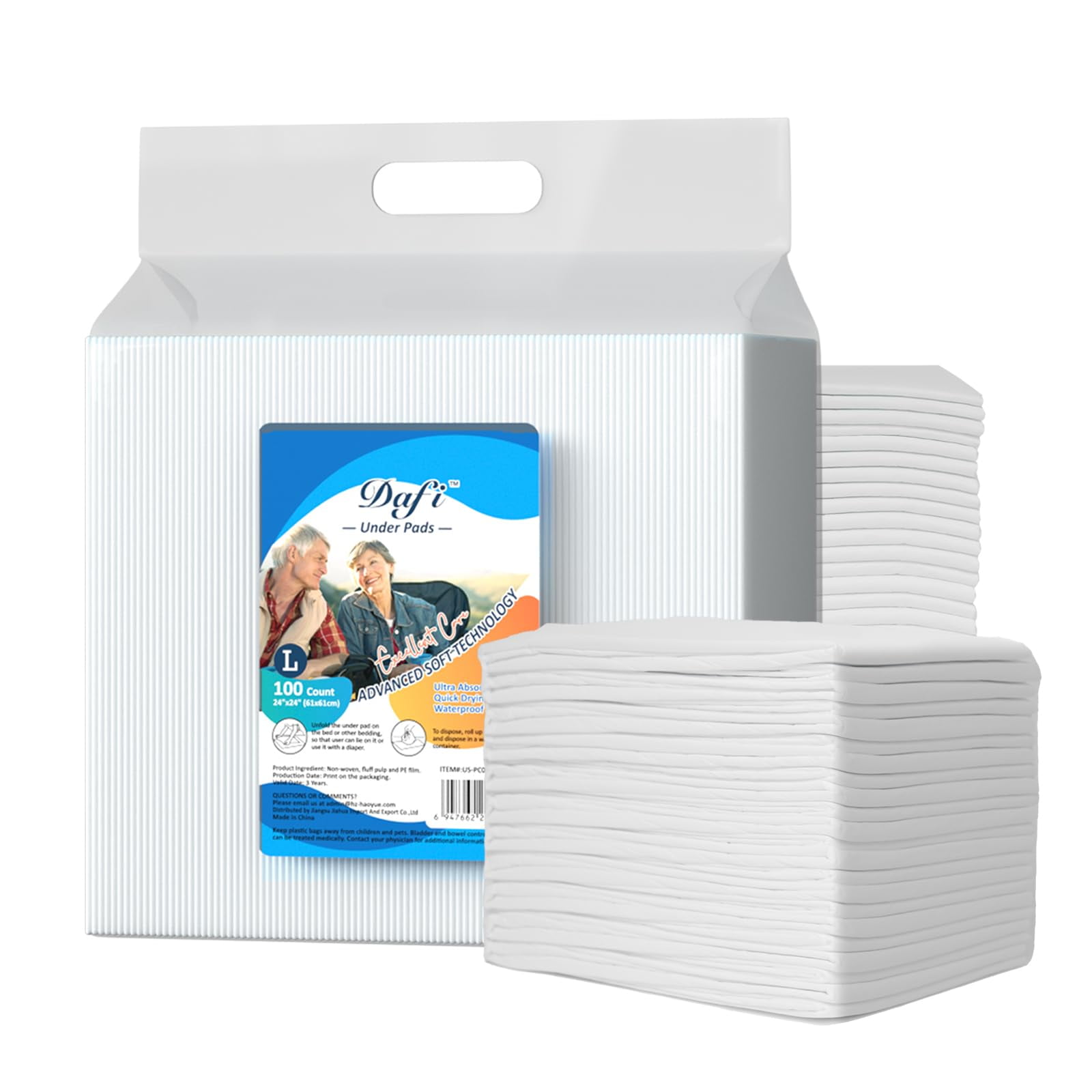 DAFI Disposable Incontinence Bed Pads Large 24”x 24”(100 Count) Thick Underpads, Effective Odor ...