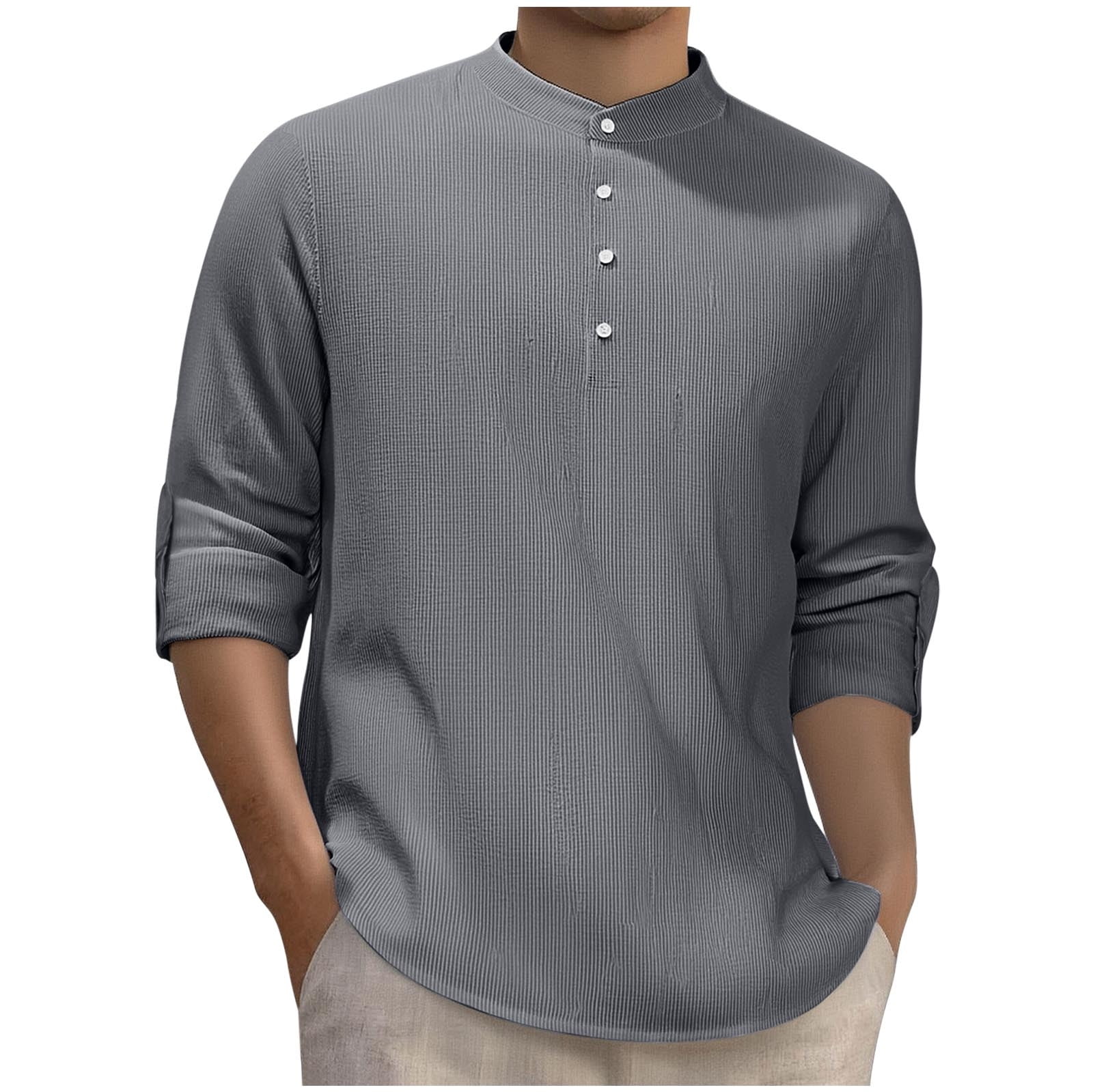DAFPZW 2025 Mens Shirts Long Sleeve Collarless Button T-Shirt Fashion ...