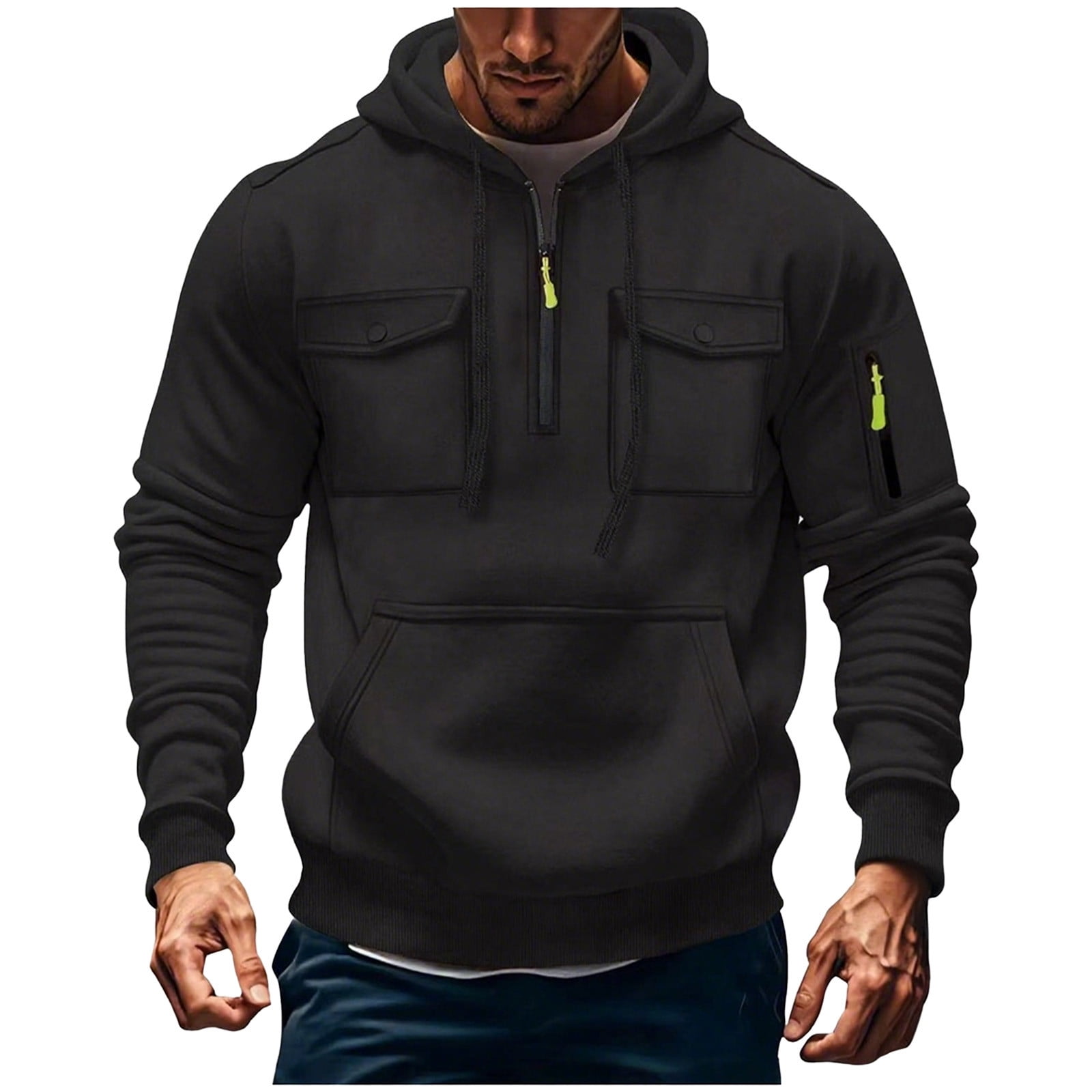 DAFPZW Cargo Hoodies for Men Casual Quater Zip Up Tactical Mens Hoodie ...