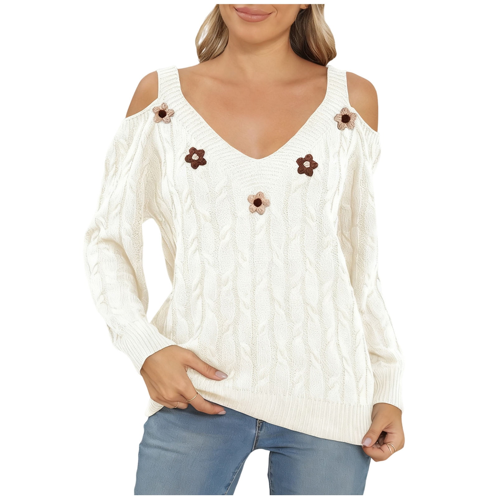DAFPZW Cold Shoulder Sweaters for Women Loose V-Neck Long Sleeve Cable ...