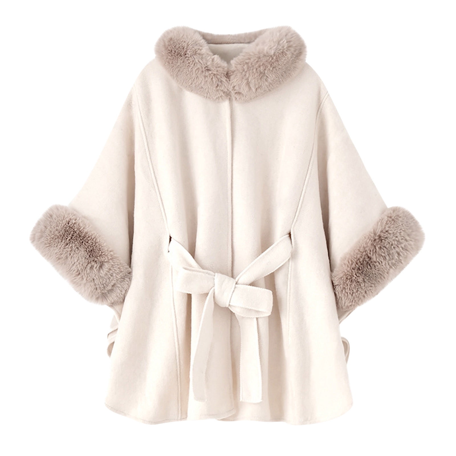 DAFPZW Elegant Faux Fur Trim Cape Coat for Women Belted Waist Batwing ...