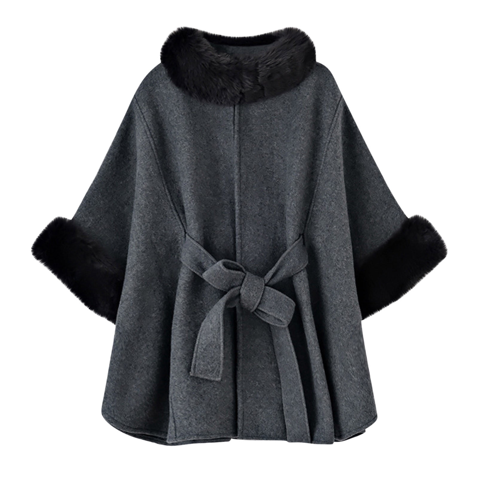 DAFPZW Elegant Faux Fur Trim Cape Coat for Women Belted Waist Batwing ...