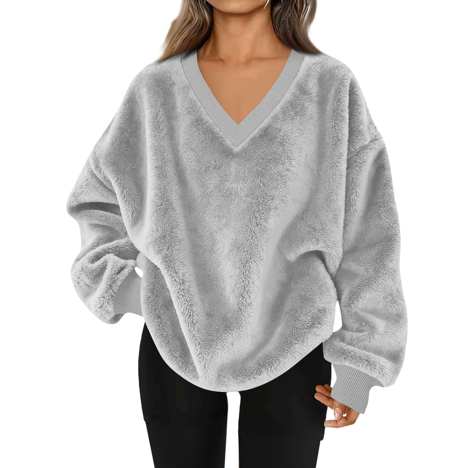 DAFPZW Fuzzy Sweater for Women Fluffy Sherpa Fleece Pullover Sweaters ...