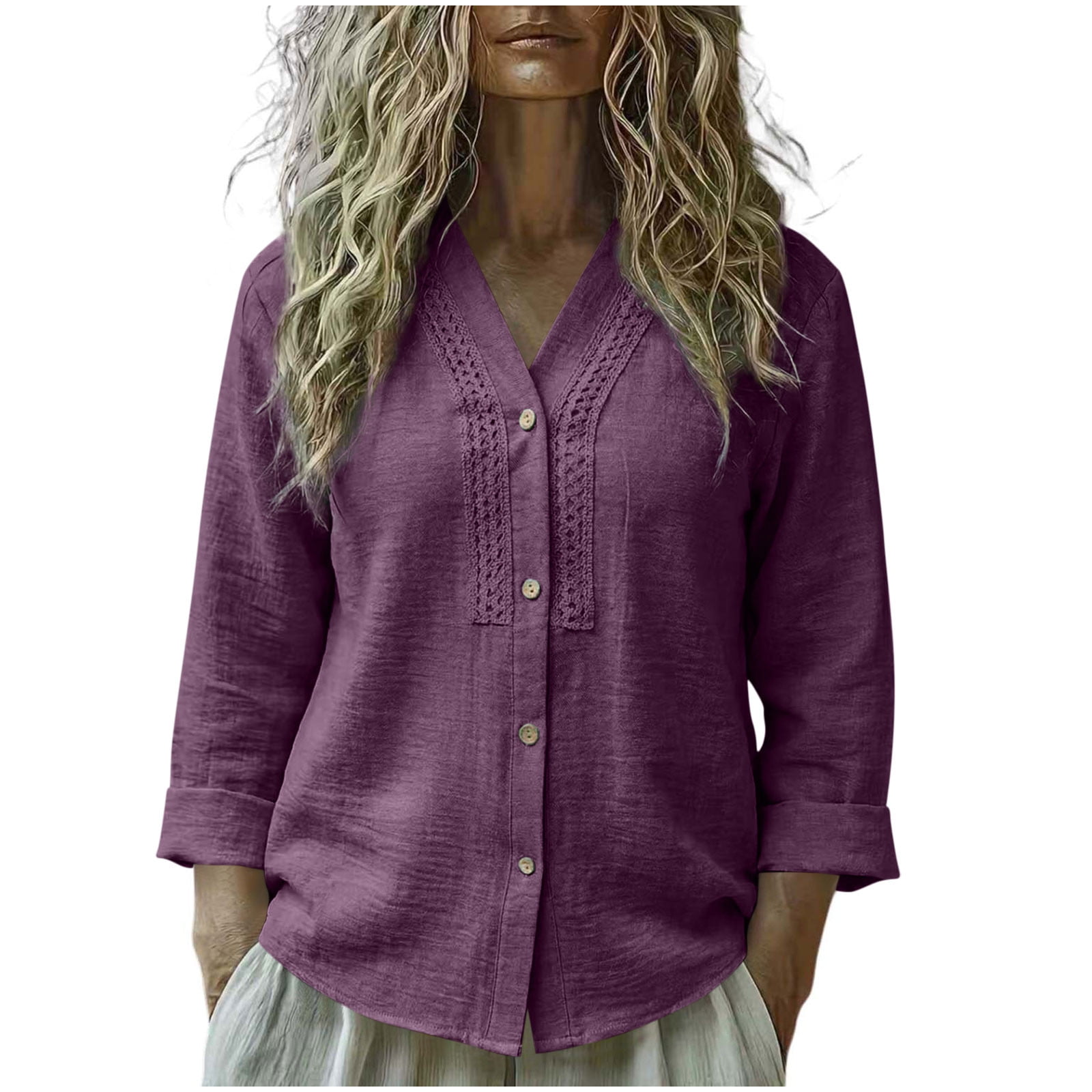 DAFPZW Linen Shirts for Women Casual Button Down Shirts Long Sleeve V ...