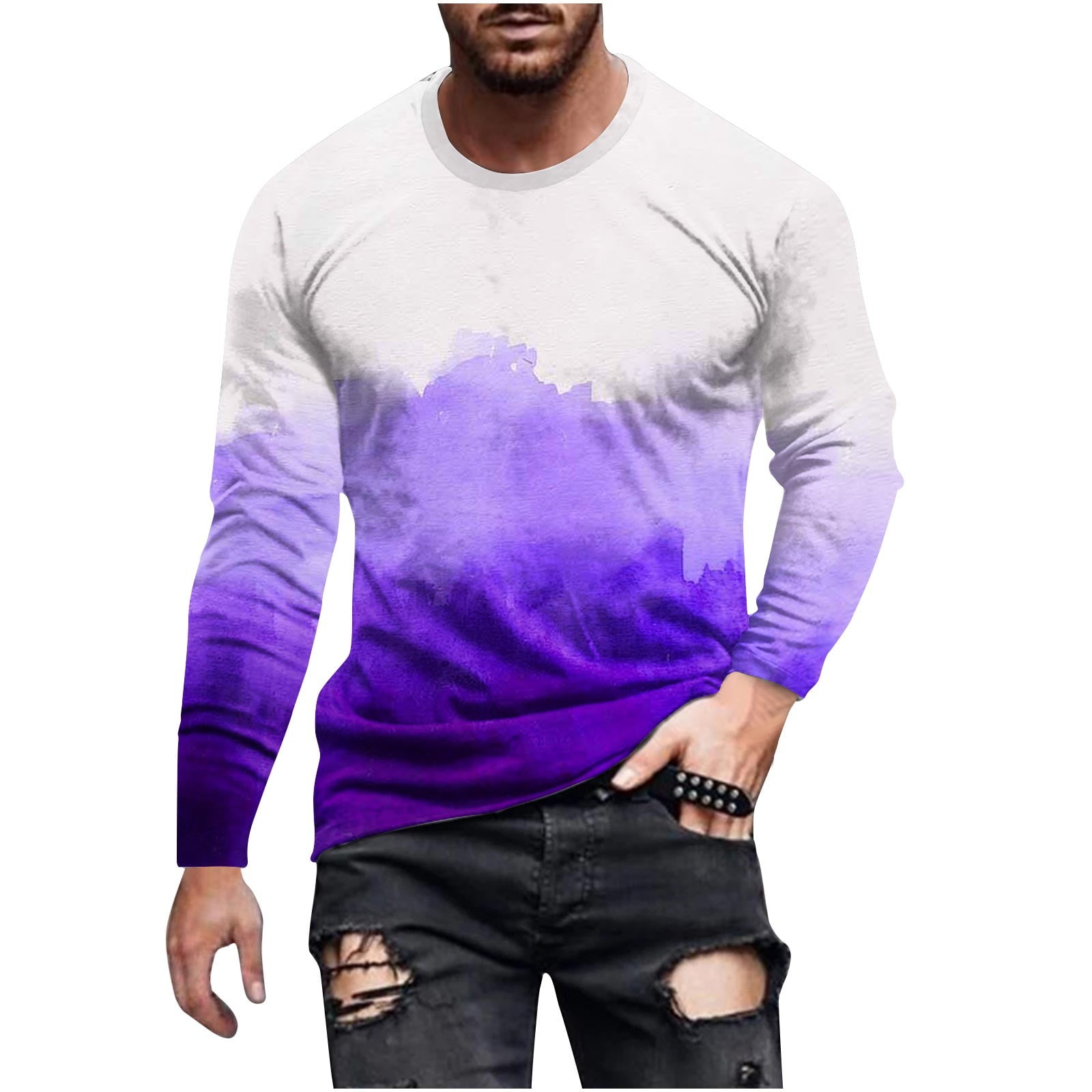 DAFPZW Long Sleeve Gradient Shirt Men Summer Fall Crew Neck Basic Pullover Tops Fashion Teen ...