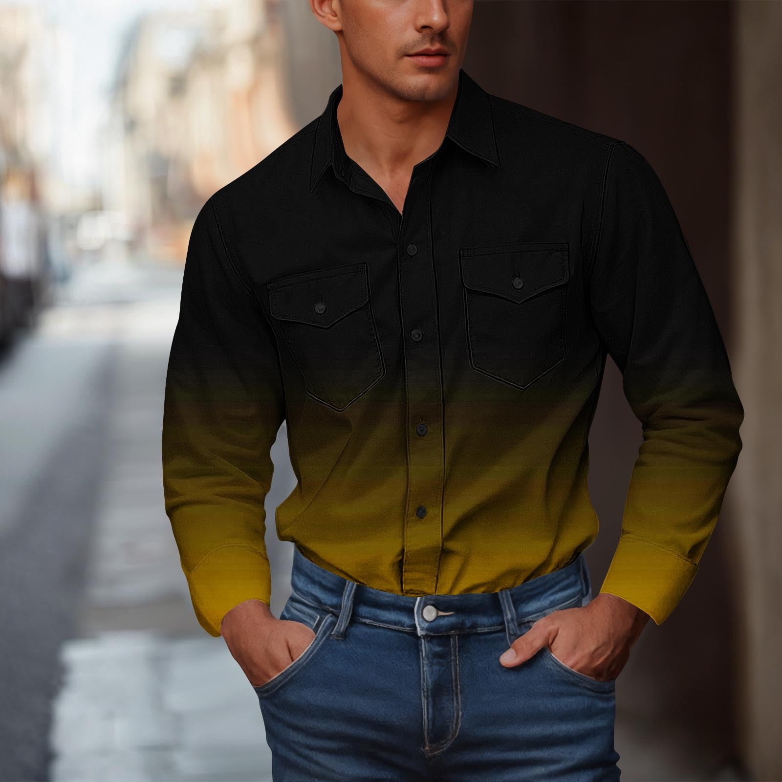 DAFPZW Long Sleeve Shirts for Men Gradient Button Up Casual Formal ...