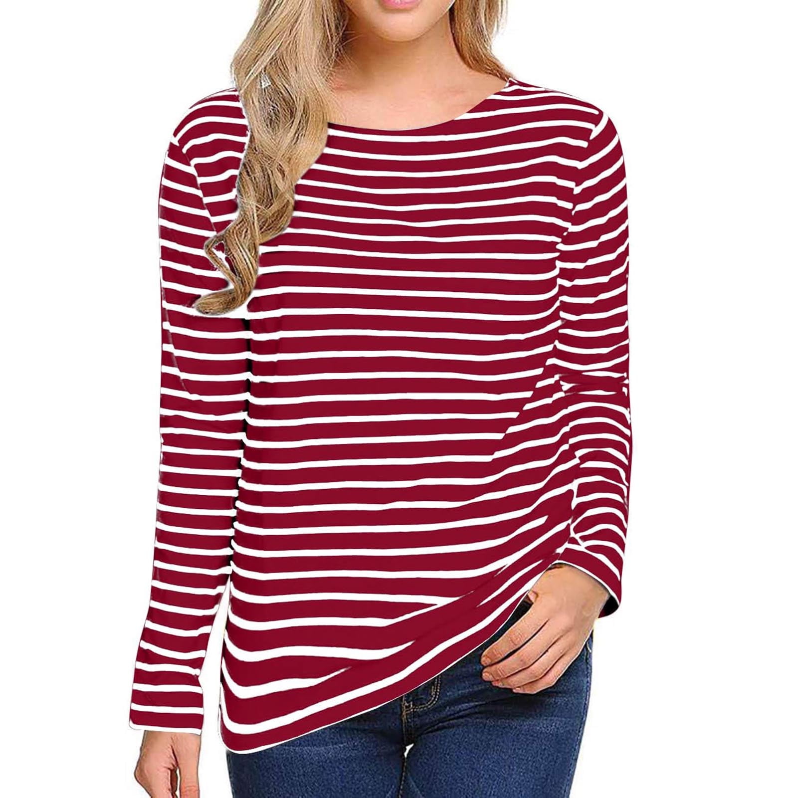 DAFPZW Long Sleeve Shirts for Women Fall Crew Neck Striped Tops 2025 ...