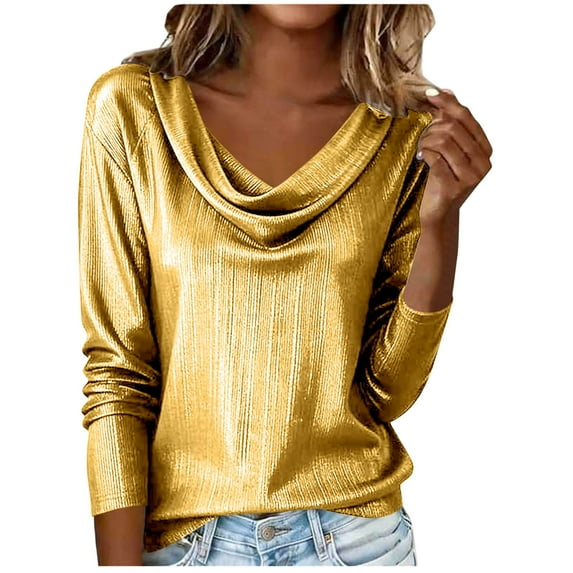 DAFPZW Long Sleeve Shirts for Women Fashion Cowl Neck Shiny Blouses ...