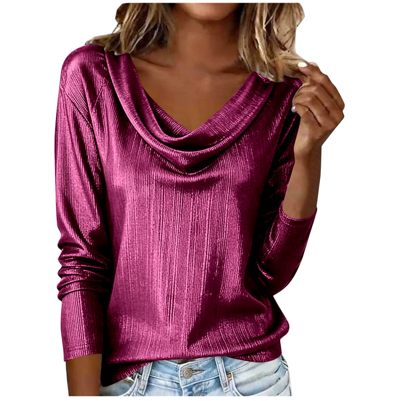 DAFPZW Long Sleeve Shirts for Women Fashion Cowl Neck Shiny Blouses ...