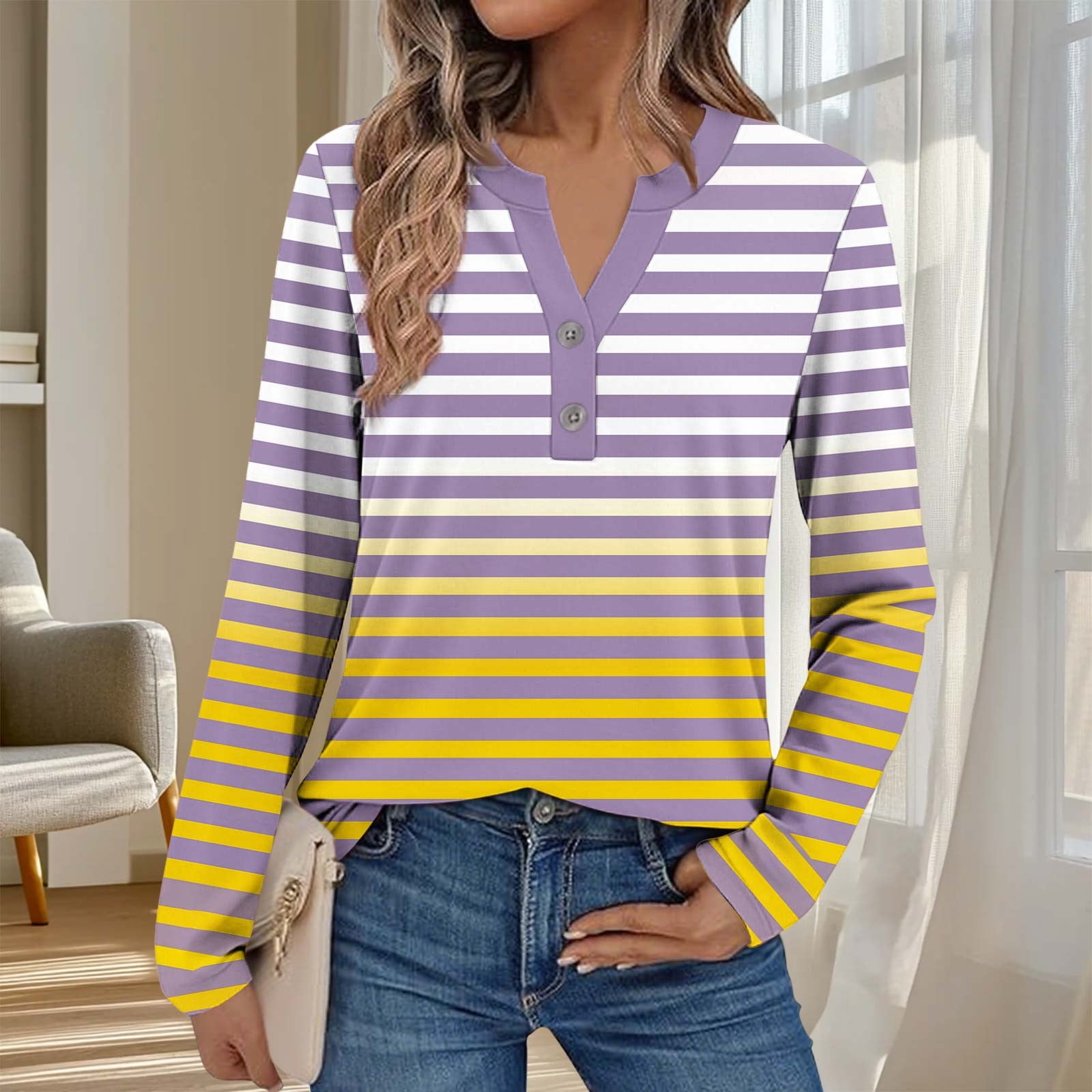 DAFPZW Long Sleeve Shirts for Womens Fashion Henley Neck Gradient Color Pullover Basic Tops ...