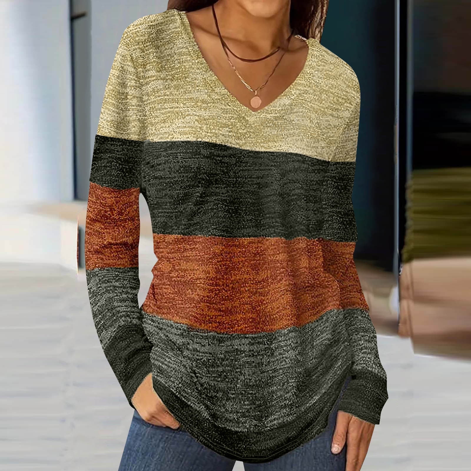 DAFPZW Long Sleeve V Neck Tees Shirts for Women Casual Loose Fitted ...