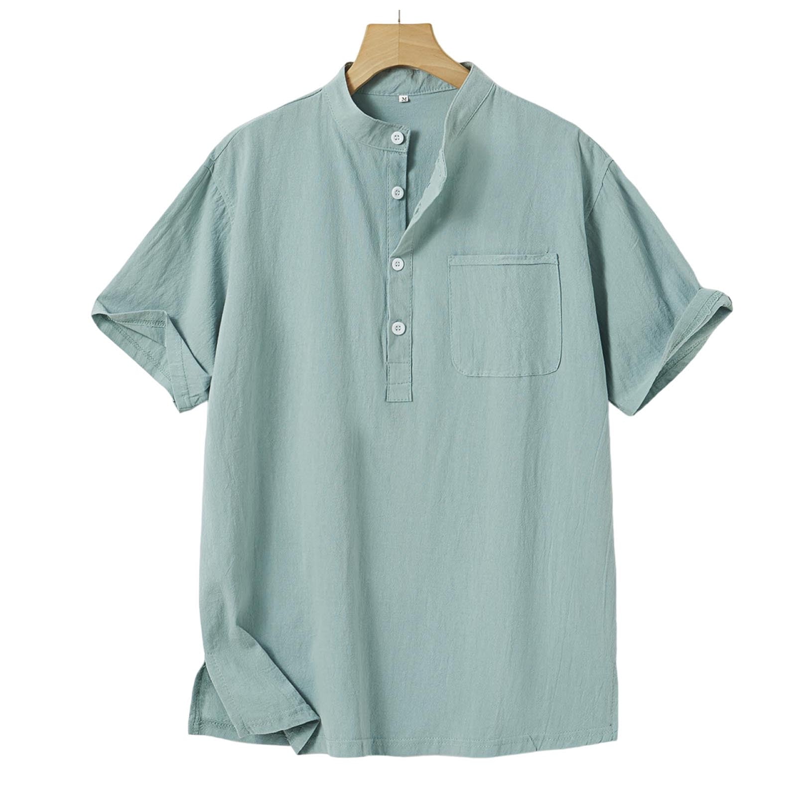 DAFPZW Men's Casual Cotton Linen T-Shirts Band Collar Short Sleeve V ...