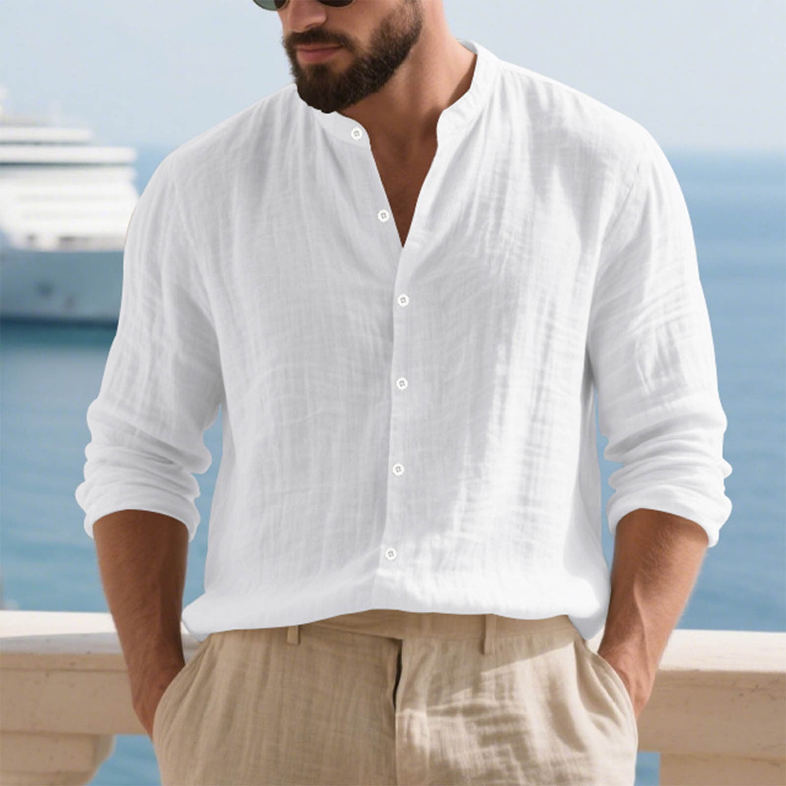 DAFPZW Men's Cotton Linen Long Sleeve Shirts Casual Button Down Banded ...