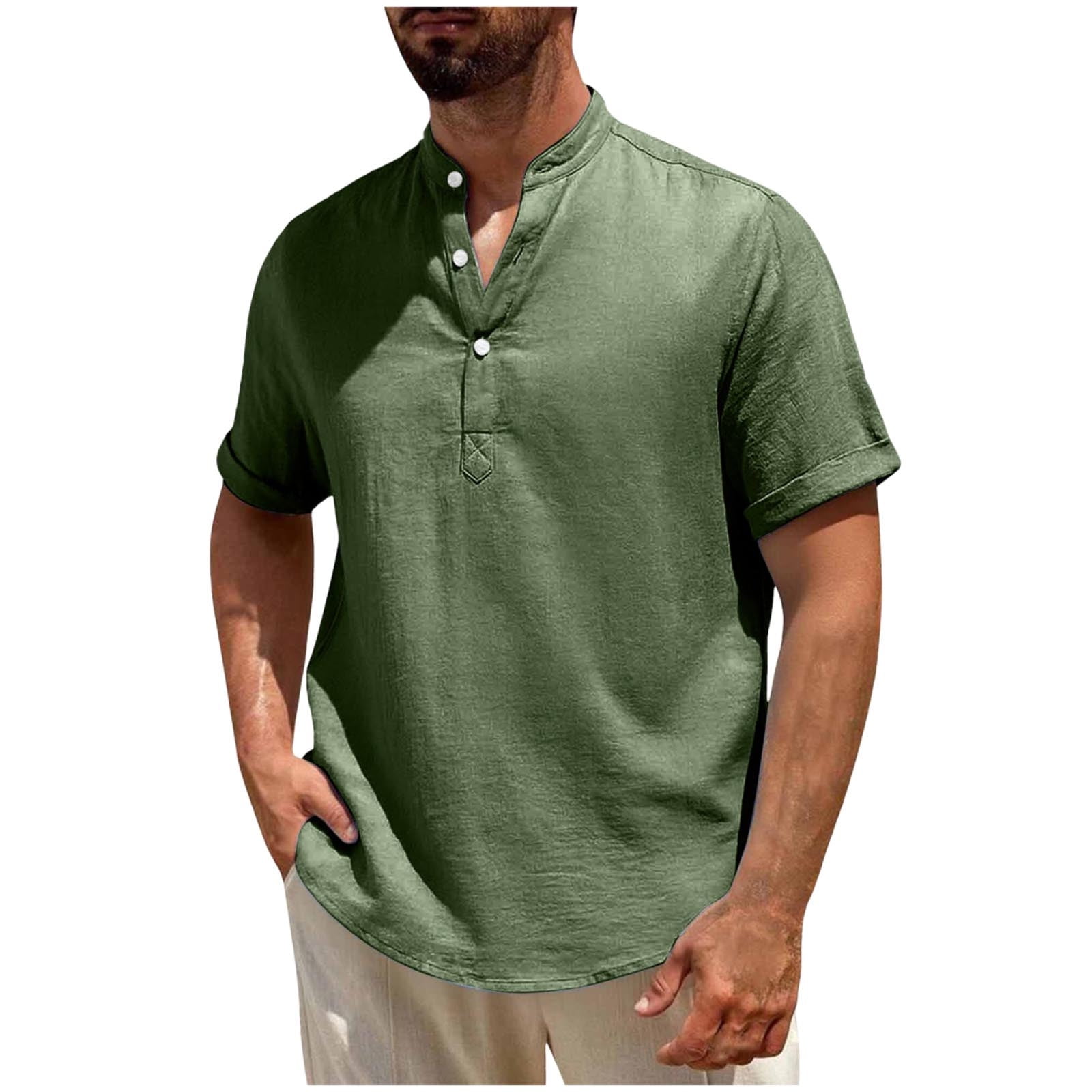 DAFPZW Men's Cotton Linen Shirts Short Sleeve T-Shirts Solid Color ...