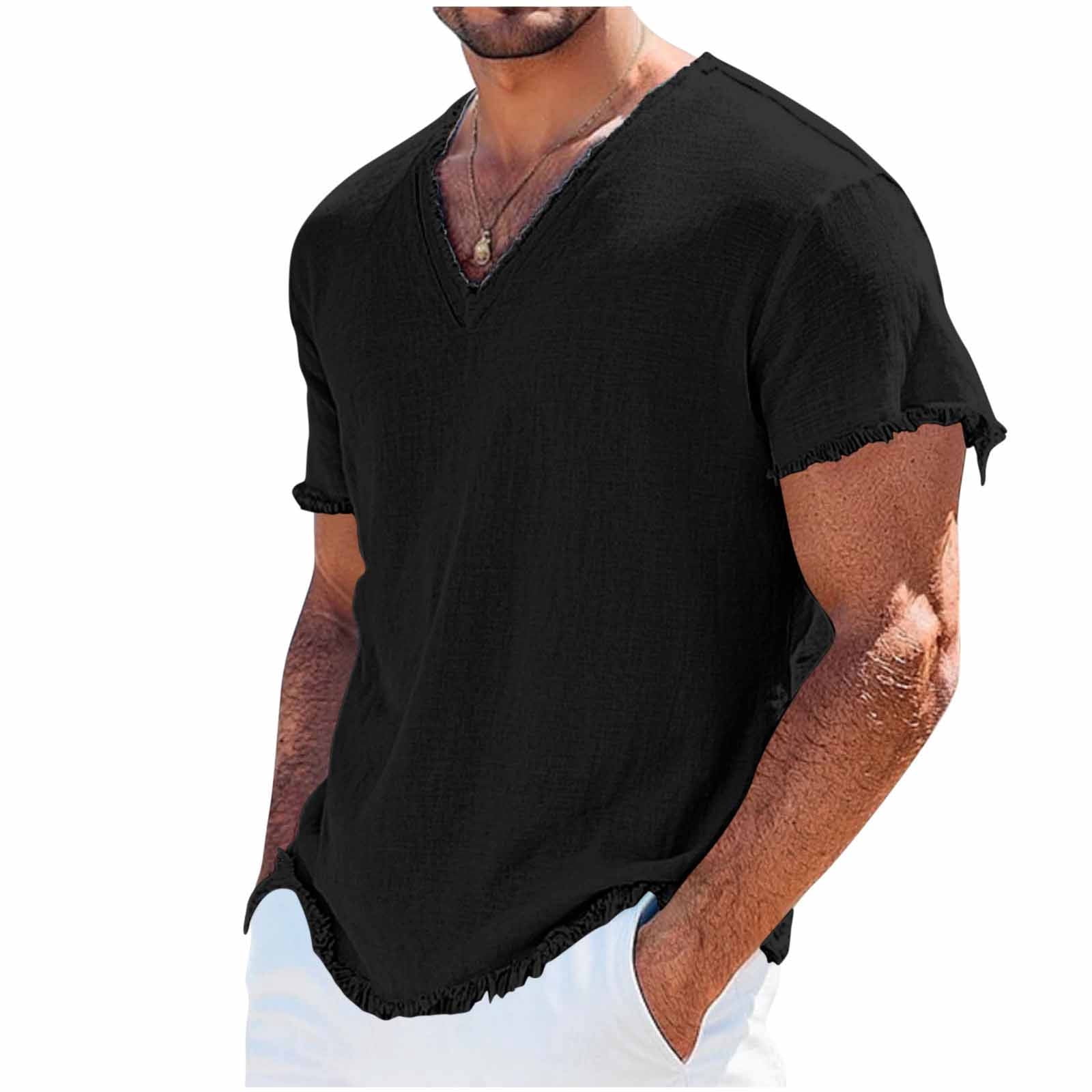 DAFPZW Men's Linen T-Shirts Summer Short Sleeve V-Neck Lightweight ...