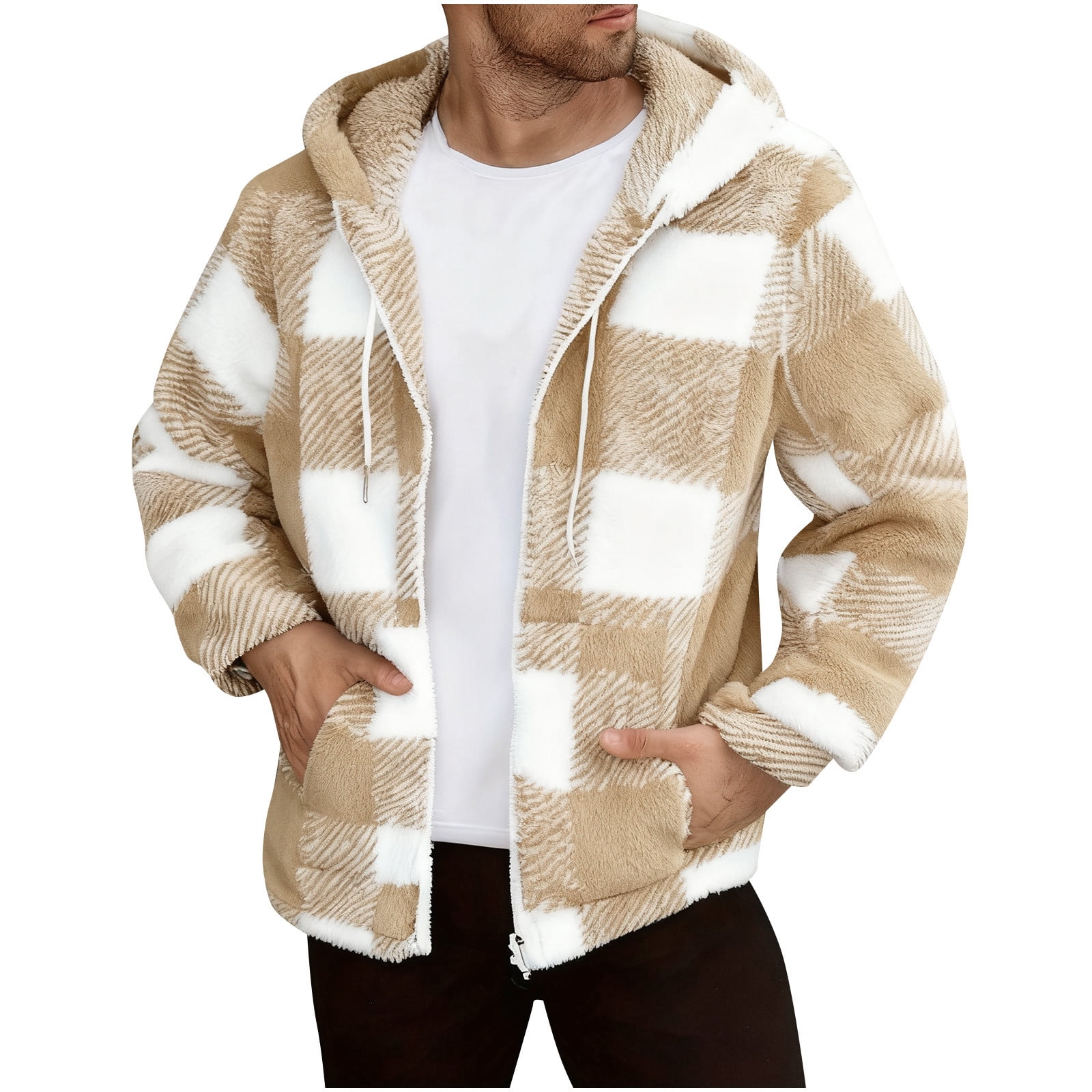 DAFPZW Men's Sherpa Plaid Jacket Fuzzy Zip Up Hoodie Oversized Fleece ...