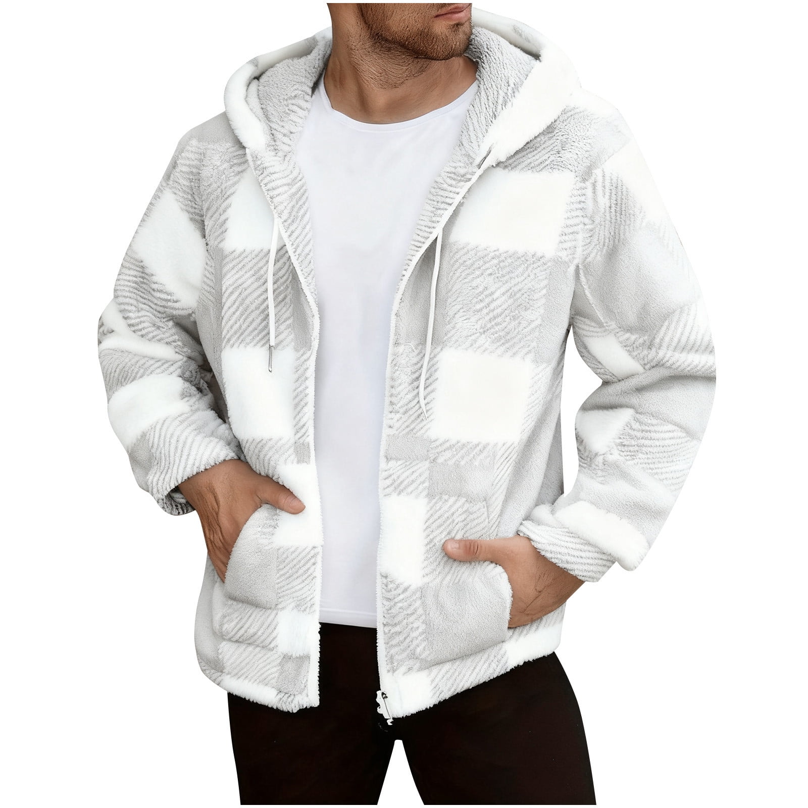 DAFPZW Men's Sherpa Plaid Jacket Fuzzy Zip Up Hoodie Oversized Fleece ...