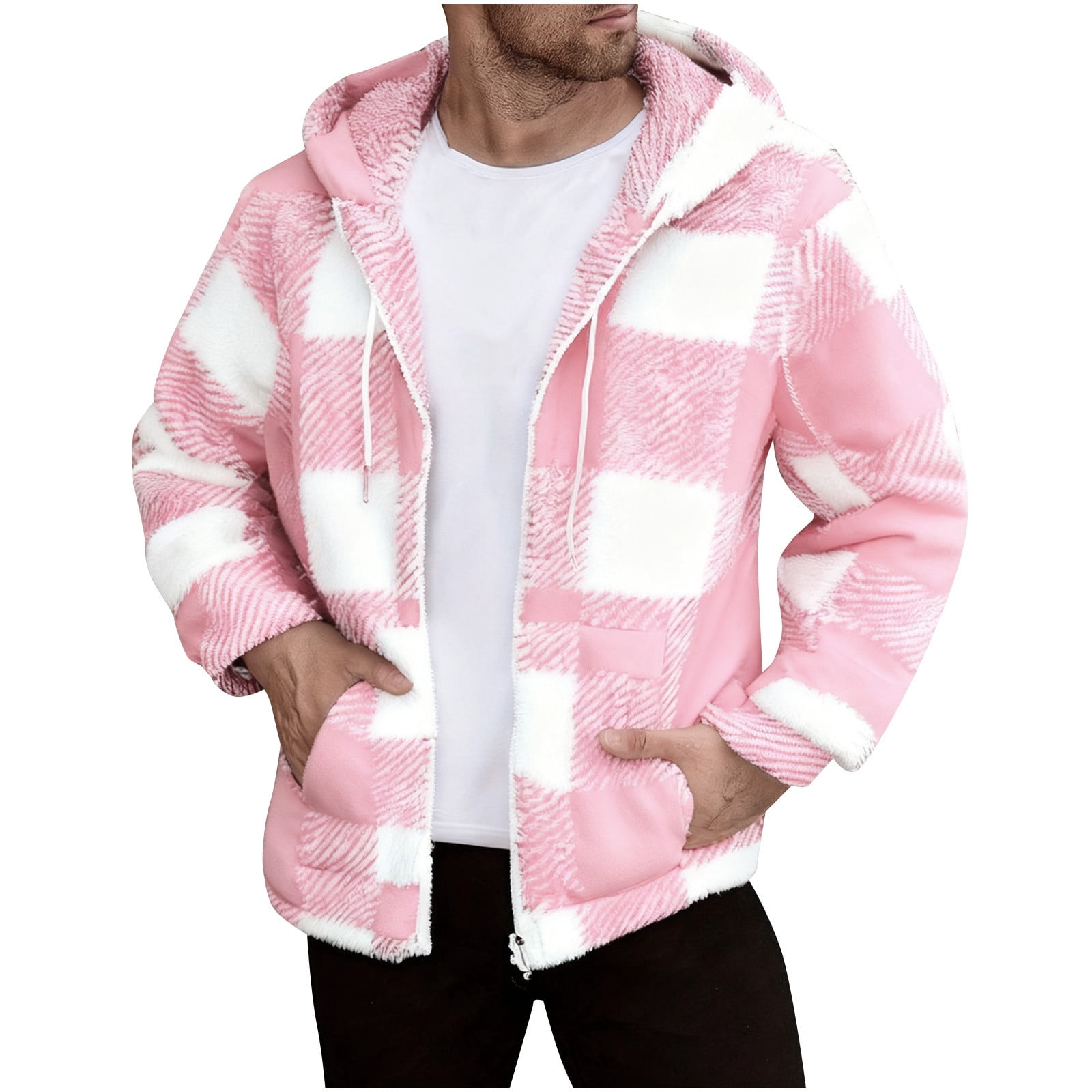 DAFPZW Men's Sherpa Plaid Jacket Fuzzy Zip Up Hoodie Oversized Fleece ...