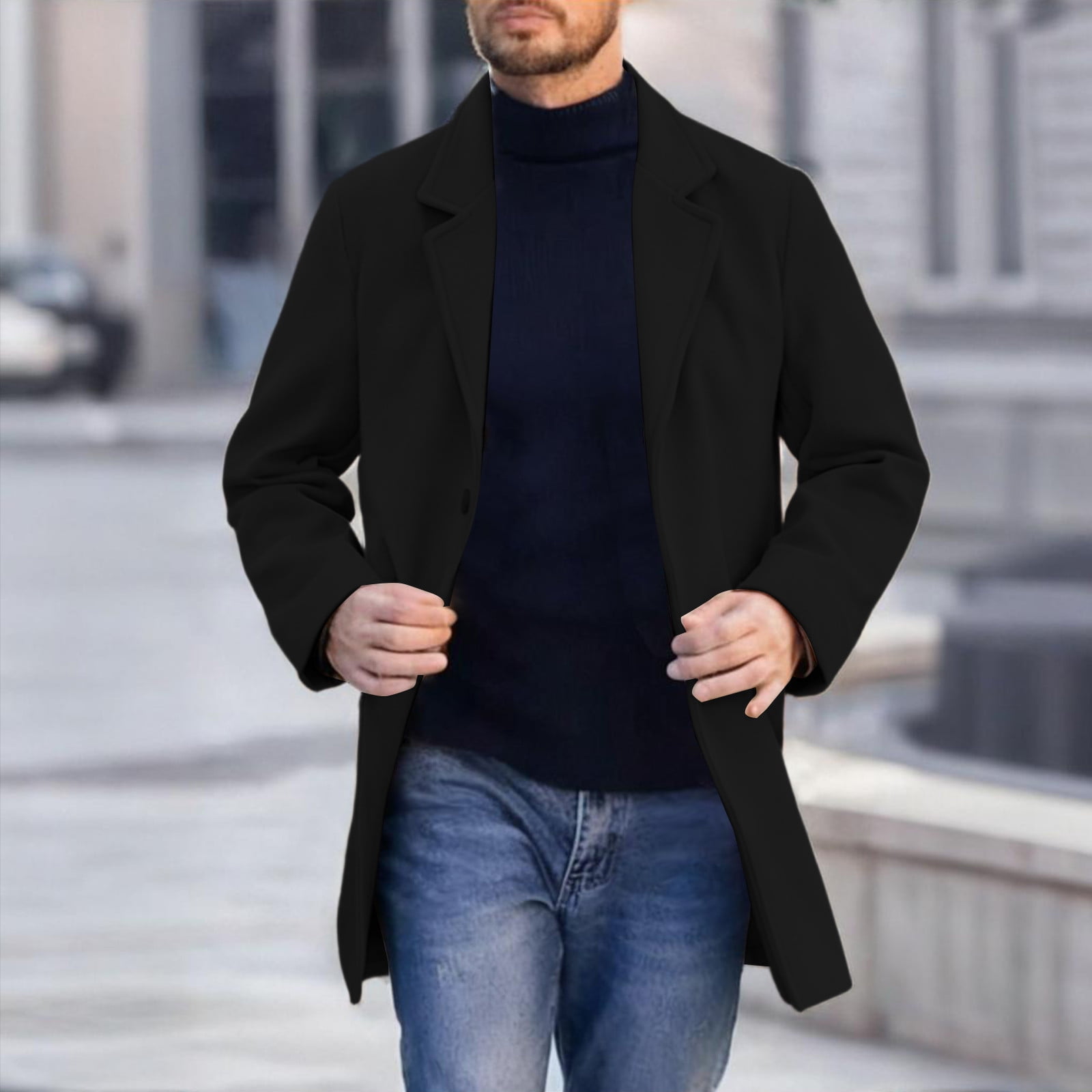 DAFPZW Men's Trench Coat Casual Single Breasted Long Pea Coat Notched ...