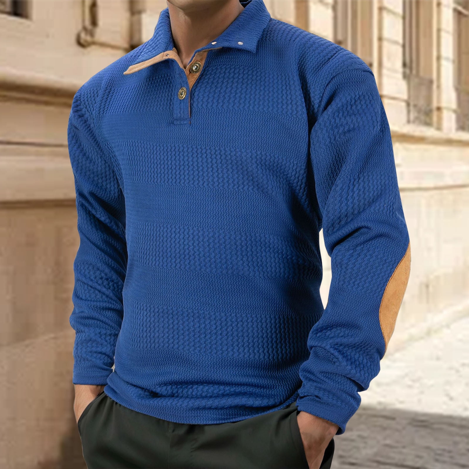 DAFPZW Mens Casual Textured Long Sleeve T Shirts Button Lapel Collar ...