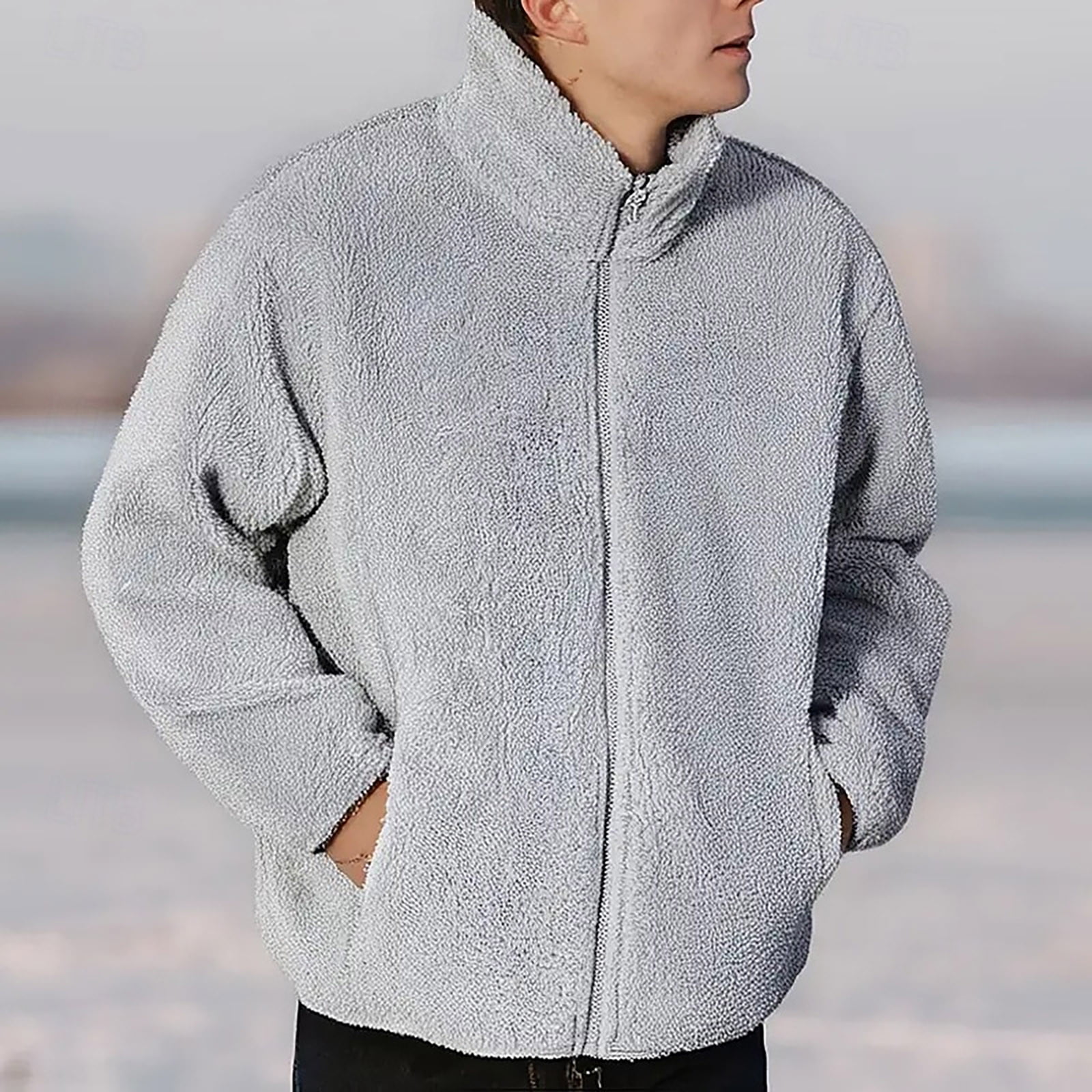 DAFPZW Mens Fuzzy Jacket Thermal Full Zip Stand Collar Outdoor Coats ...