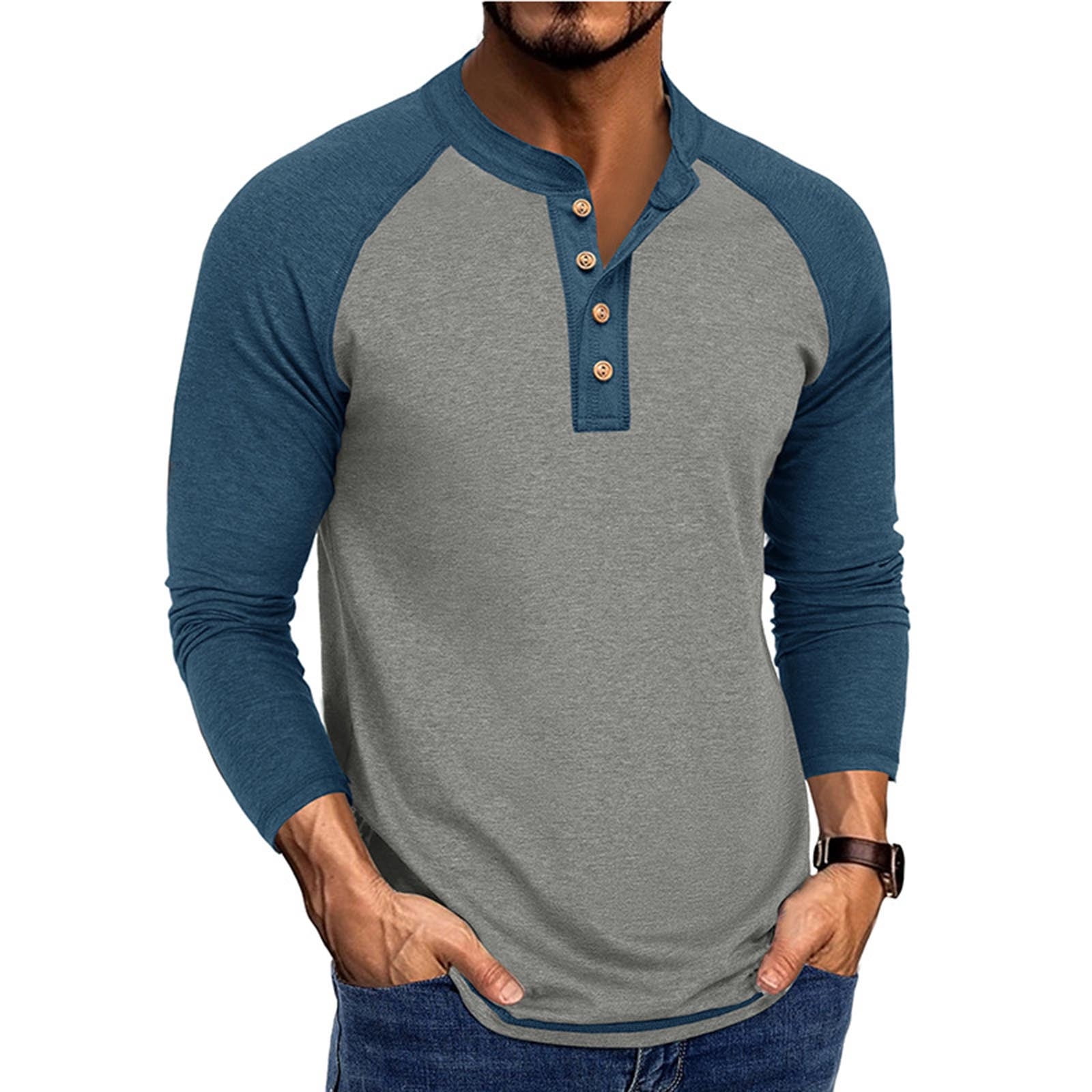 DAFPZW Mens Knit T-Shirts Long Sleeve Color Block Shirts Casual Slim ...