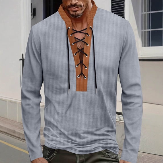 DAFPZW Mens Medieval Vintage Shirts Long Sleeve Lace Up Knit Tops ...
