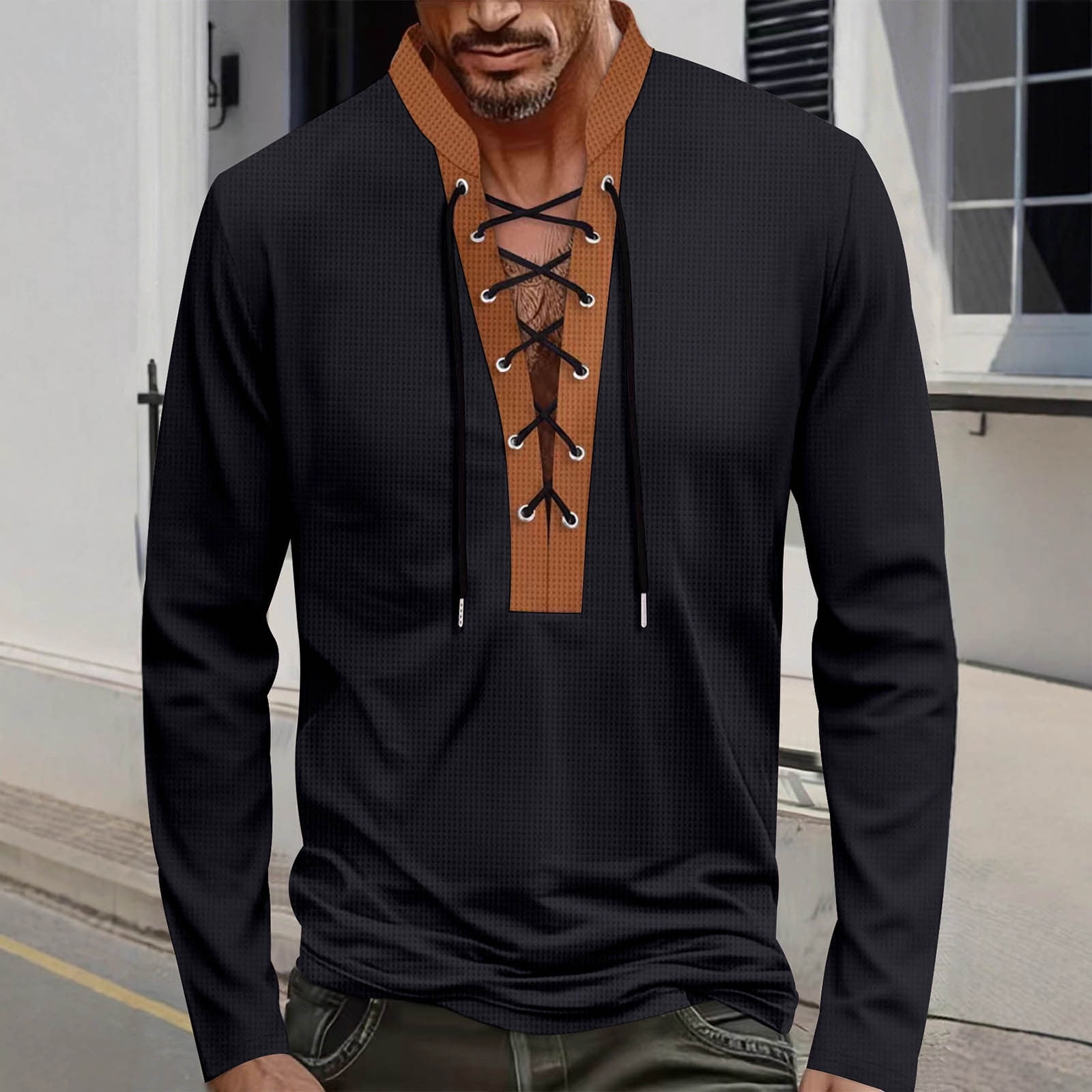 DAFPZW Mens Medieval Vintage Shirts Long Sleeve Lace Up Knit Tops ...