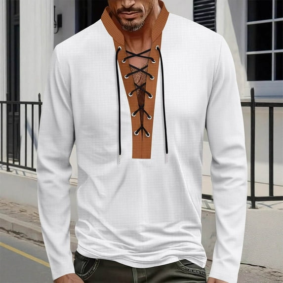 DAFPZW Mens Medieval Vintage Shirts Long Sleeve Lace Up Knit Tops ...