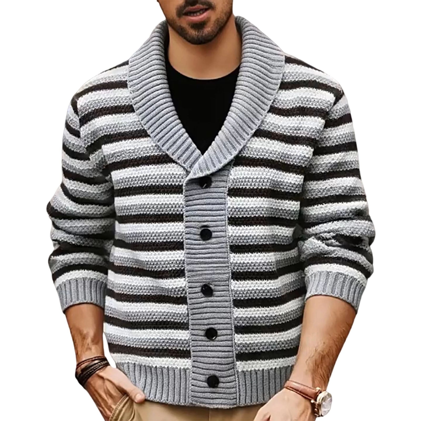 DAFPZW Mens Shawl Collar Cardigan Sweater Striped Long Sleeve Button ...