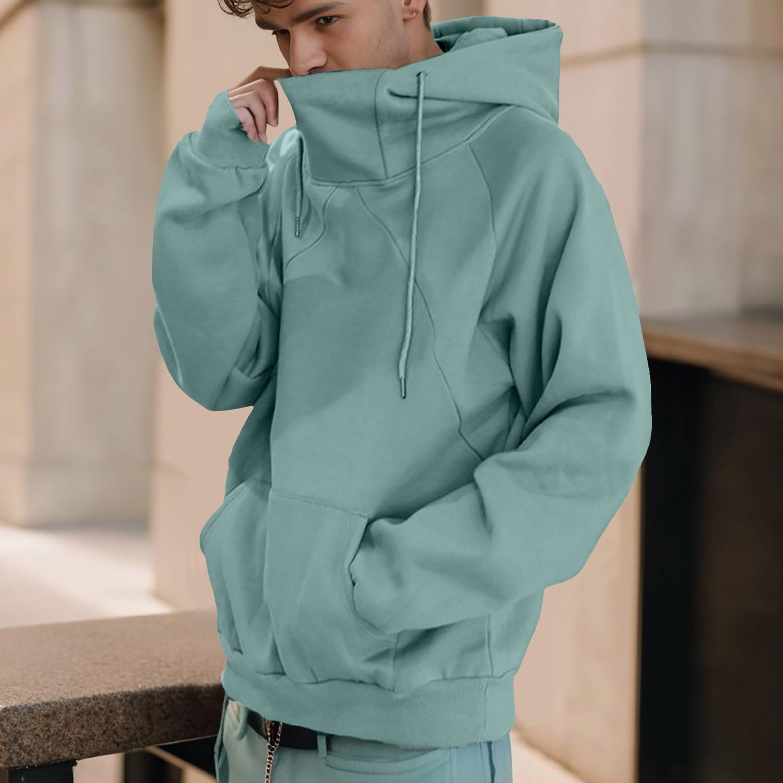 DAFPZW Mens Turtleneck Hoodies Cowl Neck Hooded Sweatshirts Casual ...