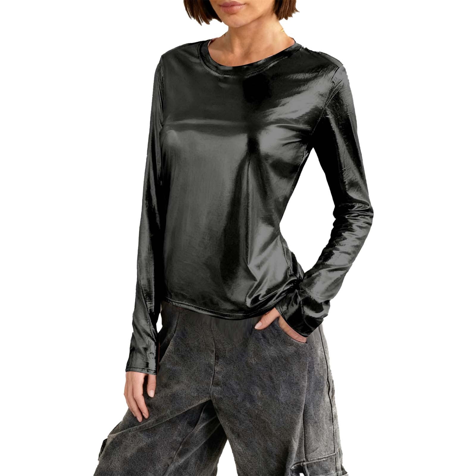 DAFPZW Metallic Tops for Women Long Sleeve Shimmer Party T-Shirt Slim ...