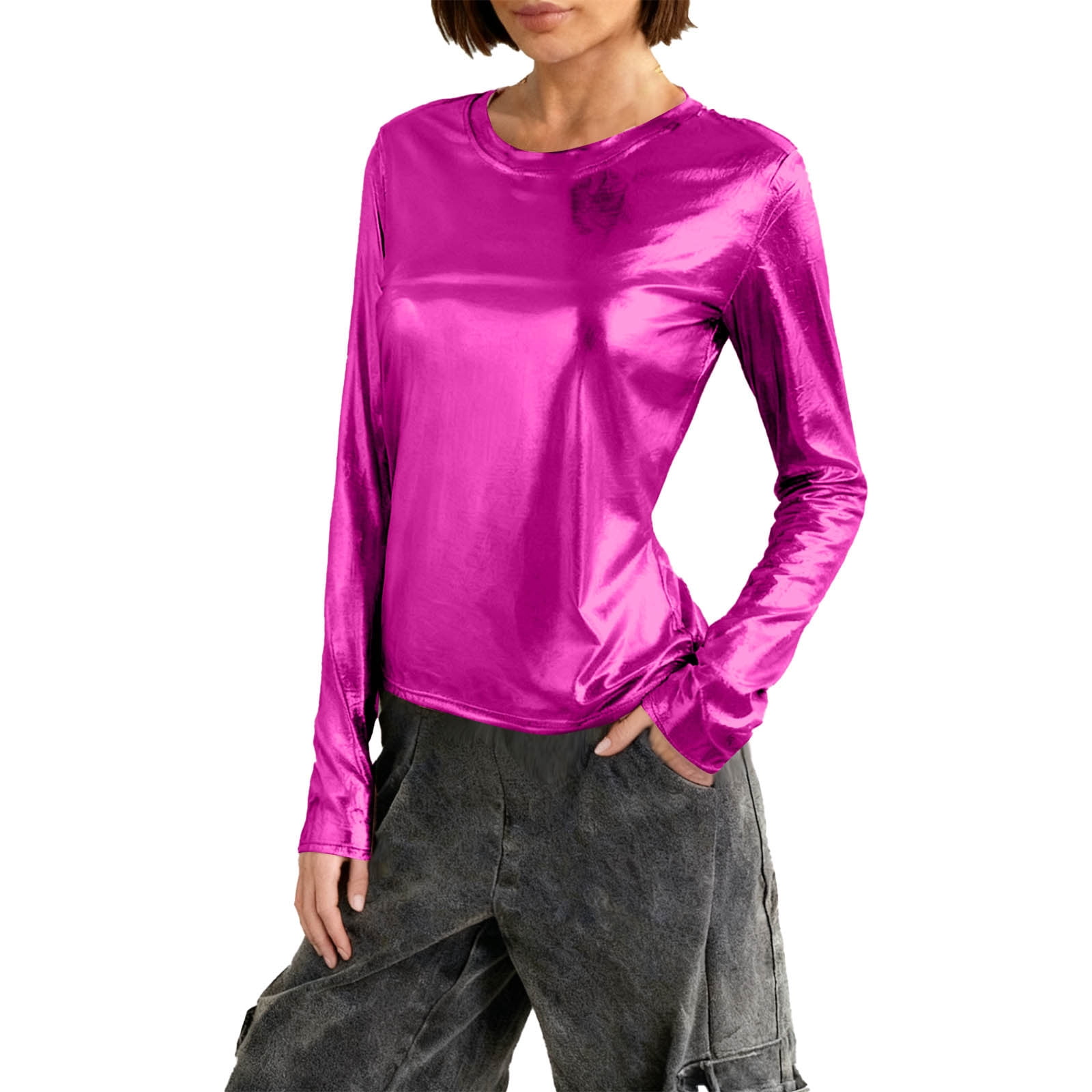DAFPZW Metallic Tops for Women Long Sleeve Shimmer Party T-Shirt Slim ...