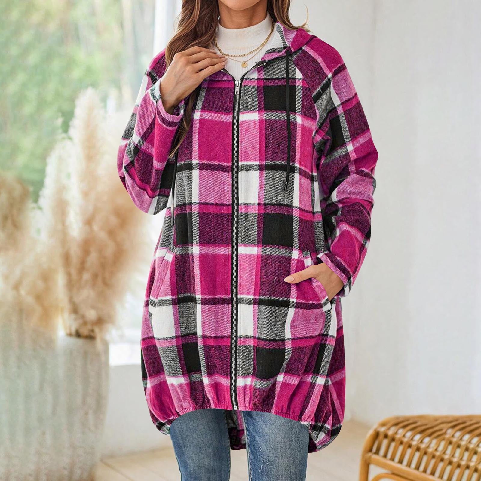 DAFPZW Plaid Shirts for Women Oversized Button Down Long Shacket Jacket ...