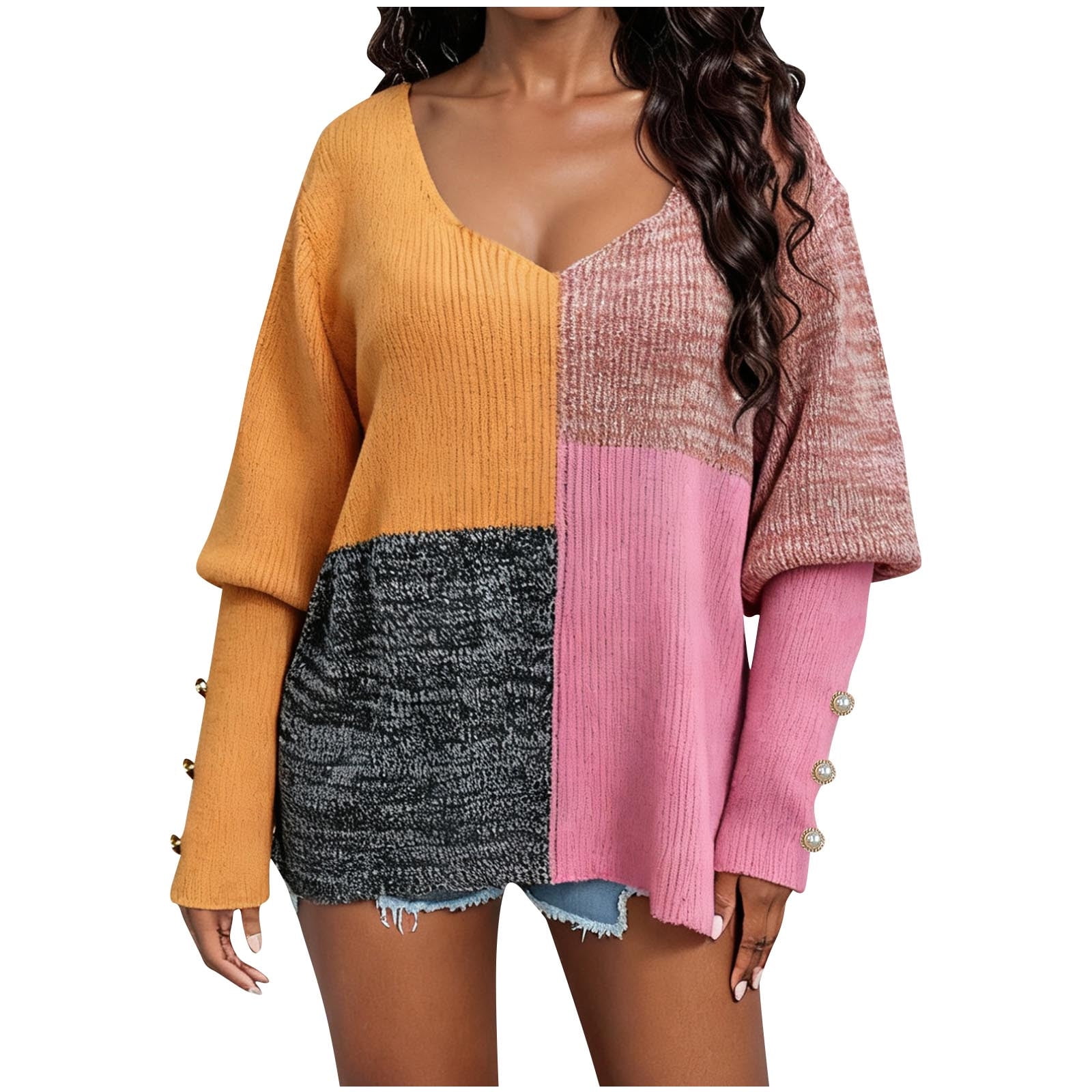 DAFPZW Plus Size Color Block Sweaters for Women Casual V-Neck Long ...