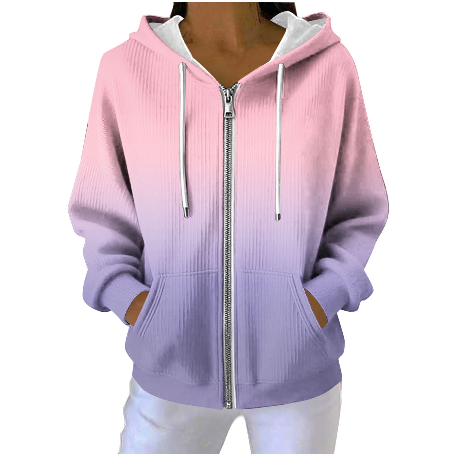 DAFPZW Ribbed Jacket for Women Fashion Gradient Full Zip Hooded Coats ...