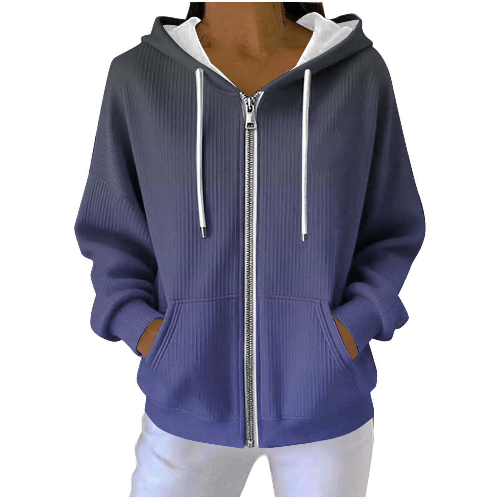 DAFPZW Ribbed Jacket for Women Fashion Gradient Full Zip Hooded Coats ...