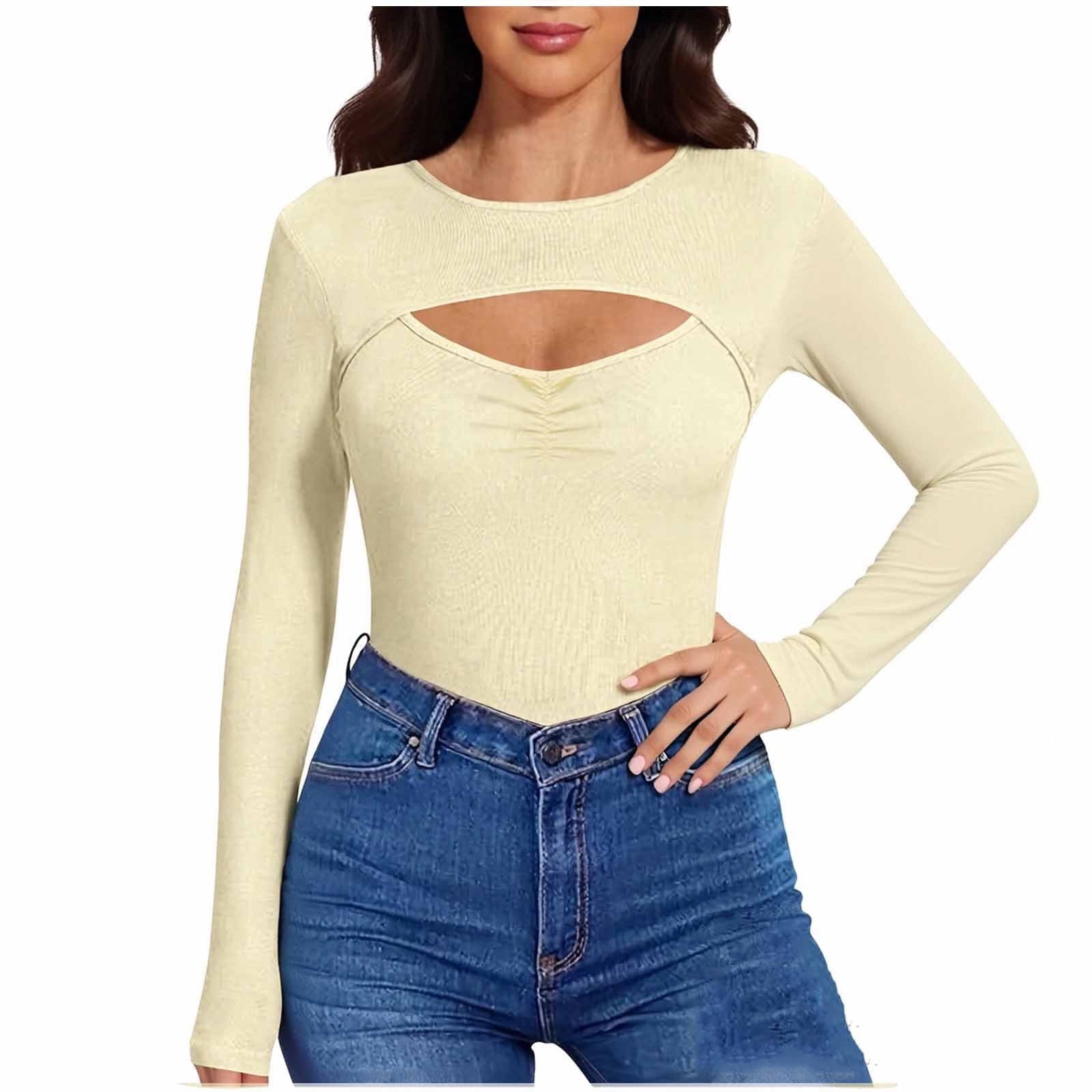 DAFPZW Sexy Cut Out Long Sleeve Tops for Women, Round Neck Ribbed Knit ...