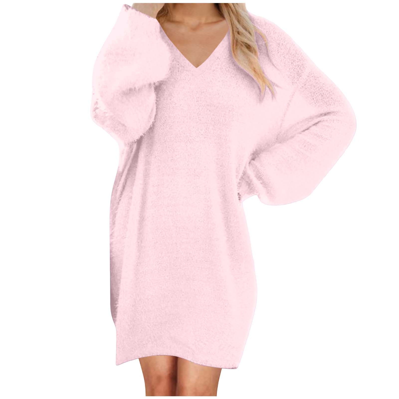 DAFPZW Sweaters for Women Fall Fuzzy Long Sleeve V Neck Sweater Dress ...