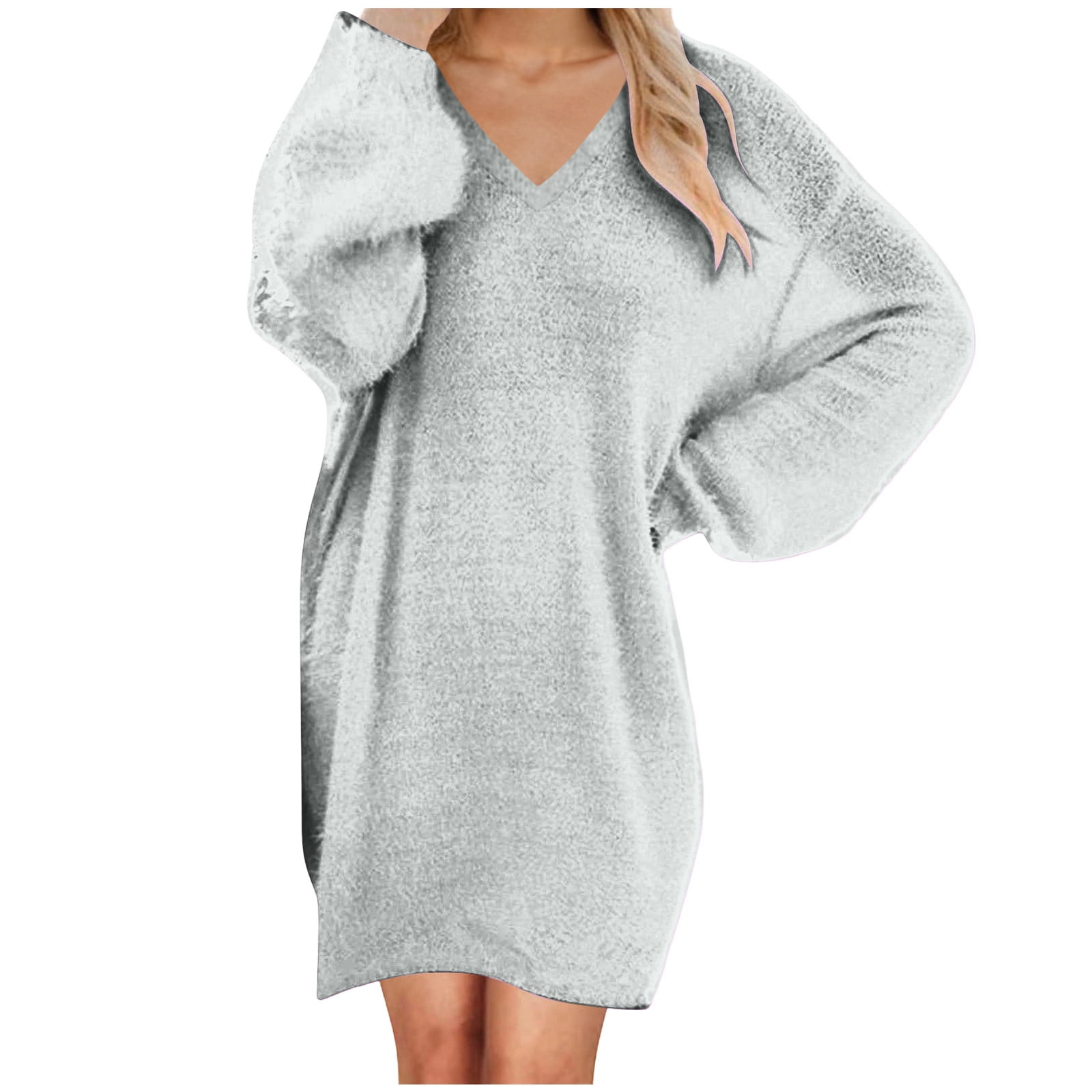 DAFPZW Sweaters for Women Fall Fuzzy Long Sleeve V Neck Sweater Dress ...