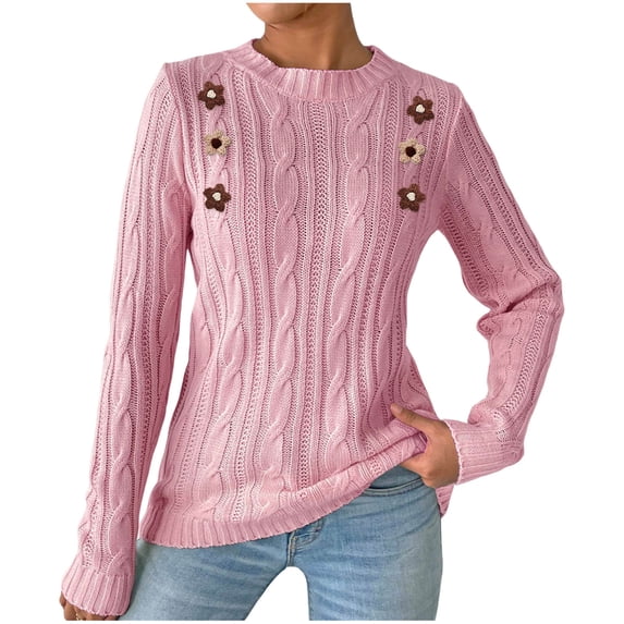 DAFPZW Women Floral Embroidered Cable Knit Sweater Long Sleeve Crewneck ...