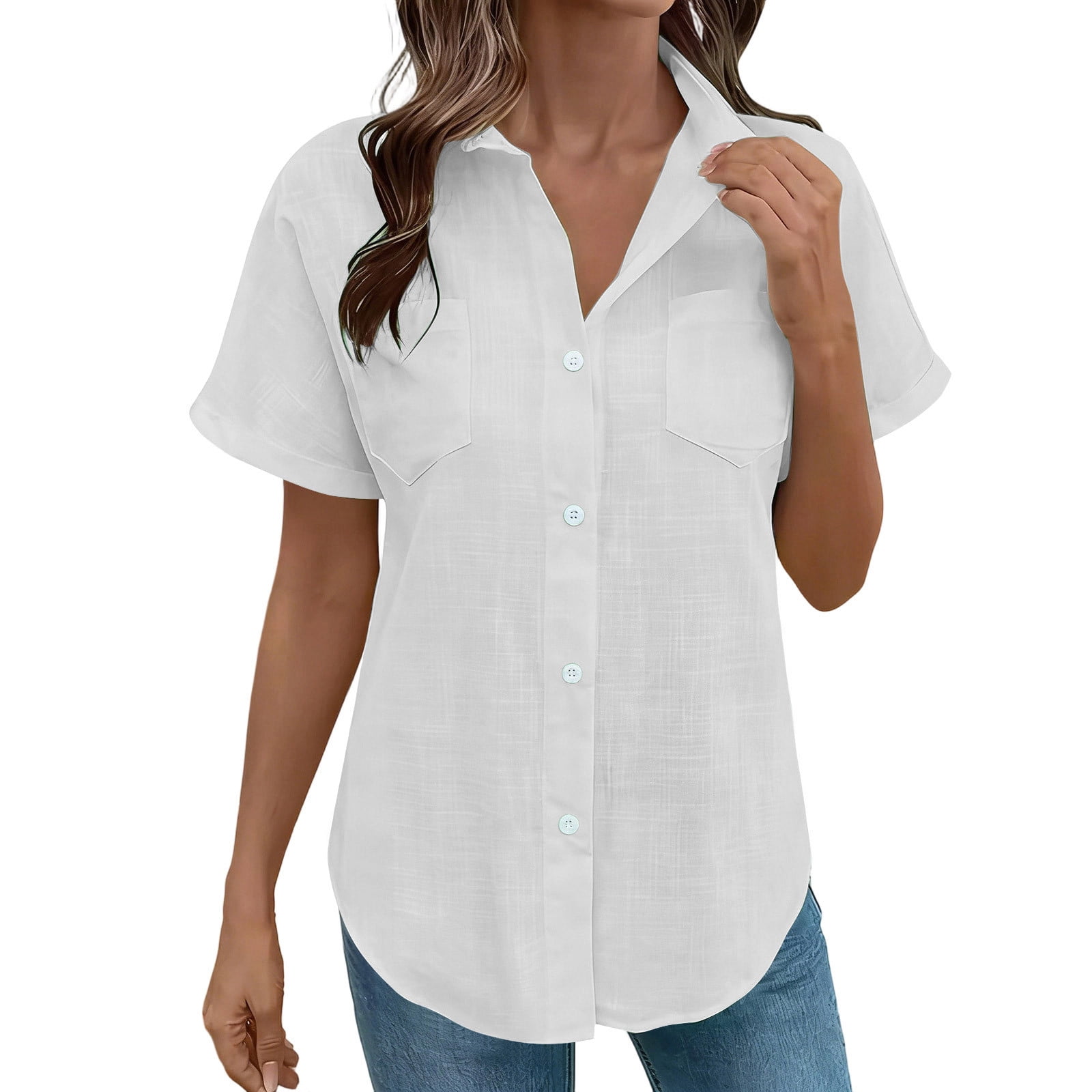 DAFPZW Women Linen Texture Shirt Embroidery V-Neck Short Sleeve Cotton ...