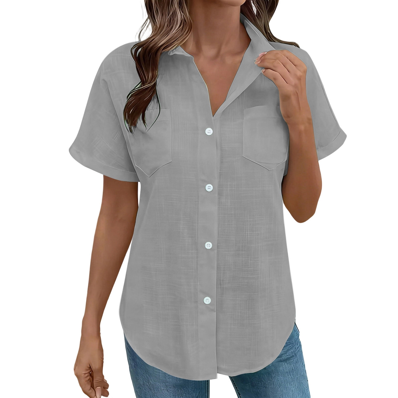 DAFPZW Women Linen Texture Shirt Embroidery V-Neck Short Sleeve Cotton ...