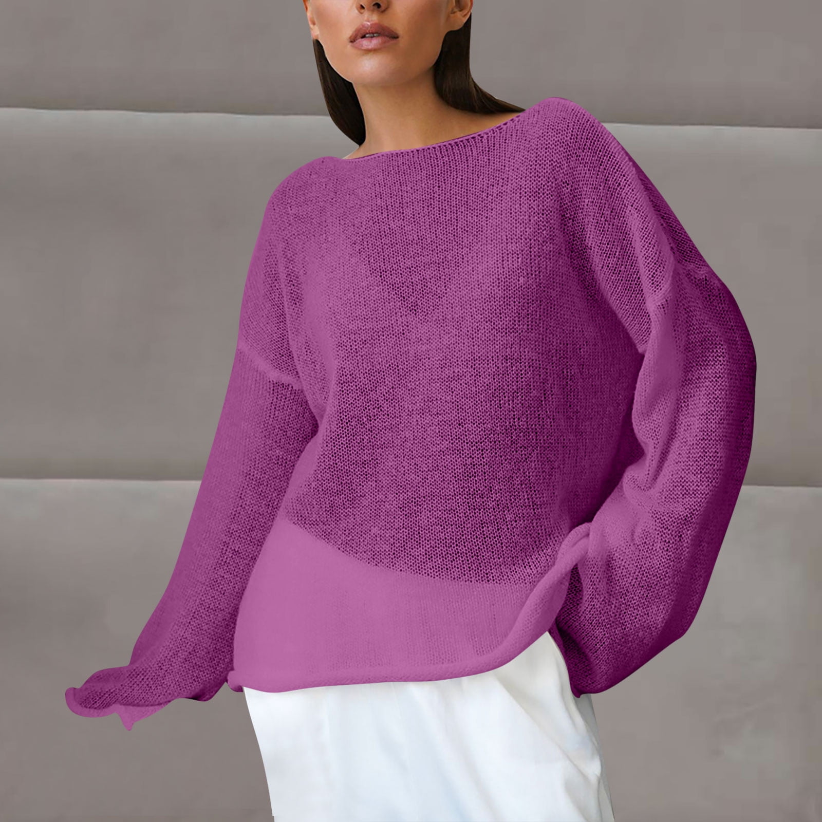 DAFPZW Women Oversized Long Sleeve Sheer Knit Sweater Top Y2K Fall ...
