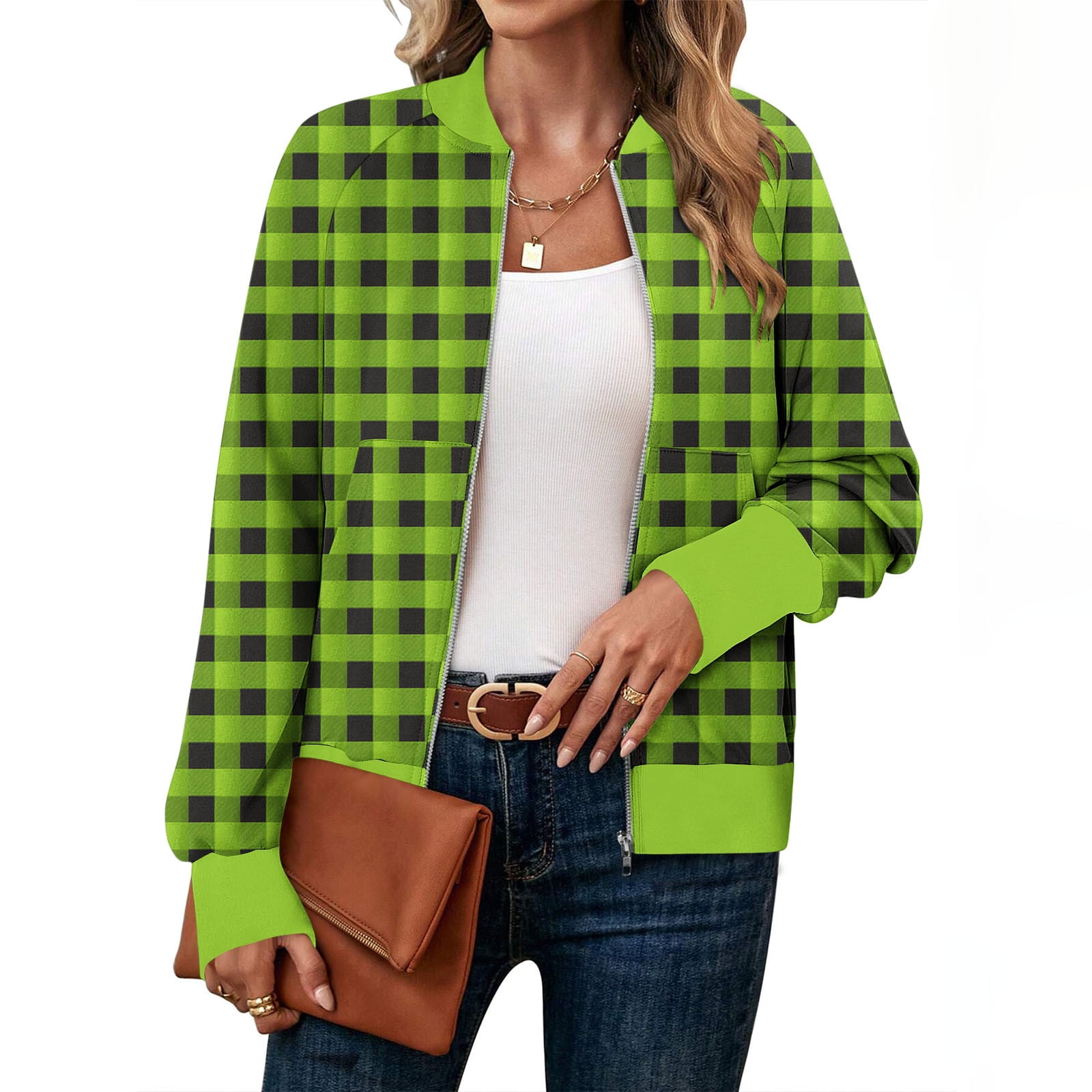 DAFPZW Women Plaid Printing Jackets Full Zip Up Crew Neck Casual Active ...