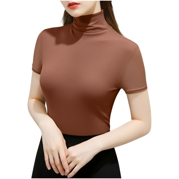DAFPZW Women Short Sleeve Tees Stretchy Mock Neck Skinny Base Layer ...