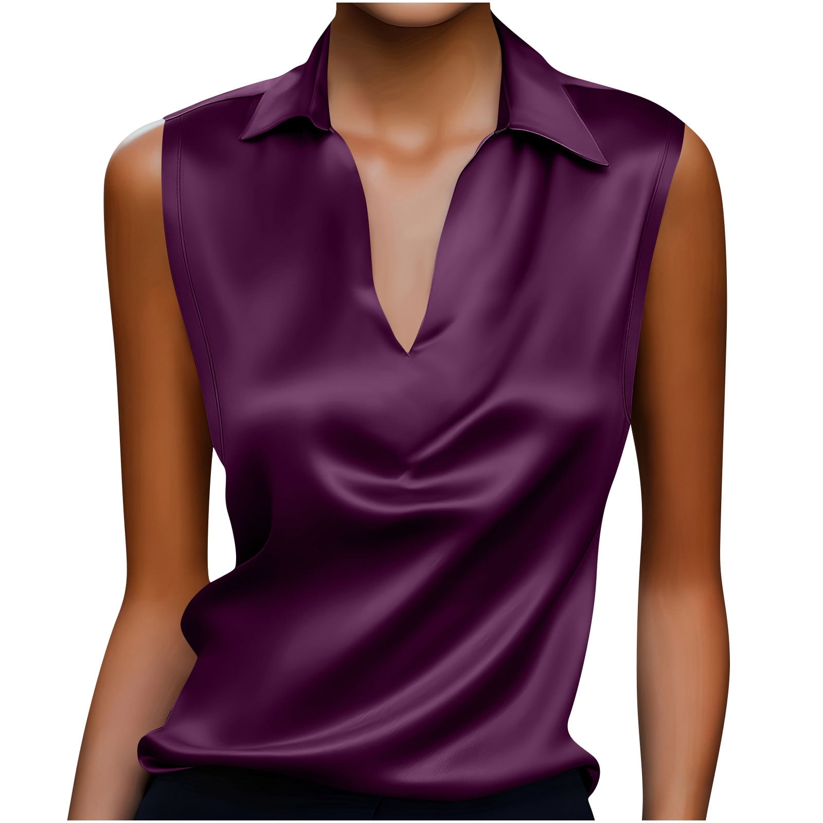 DAFPZW Women Silk Satin Tank Tops Lapel V-Neck Dressy Casual Sleeveless ...